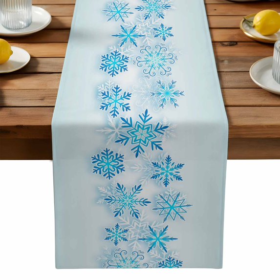 Blue Snowflowers Table Runner, Abstract Winter Blue White Snowflakes ...