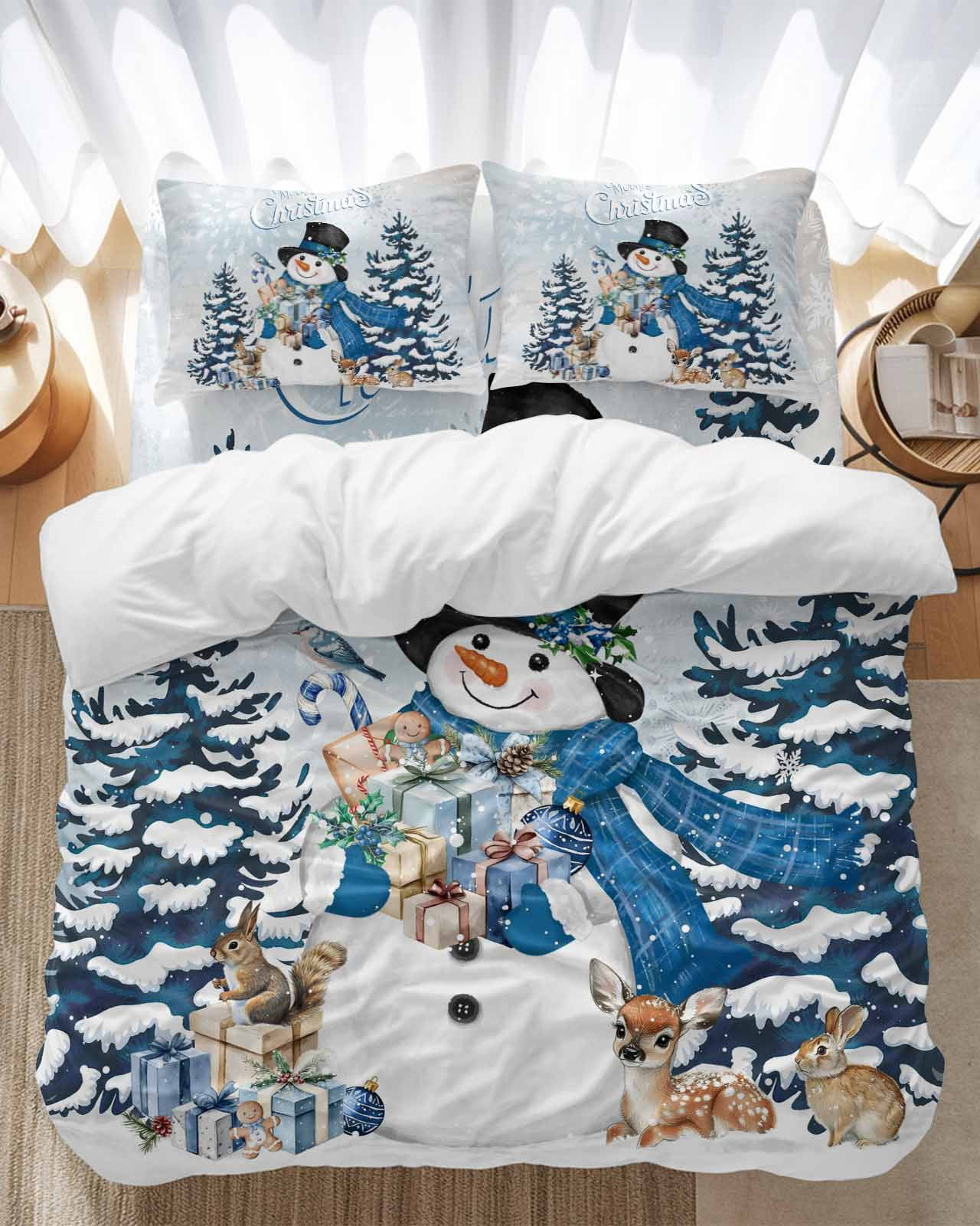 Blue Snowman Bedding Duvet Cover Set Full Size 4 Pieces Christmas Tree ...