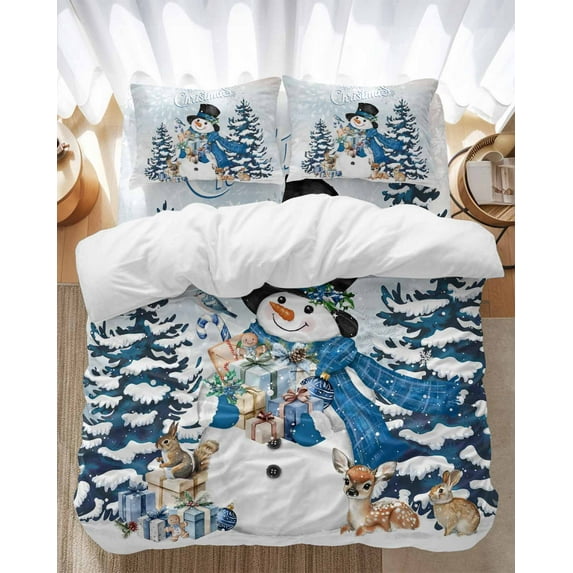 Blue Snowman Bedding Duvet Cover Set Full Size 4 Pieces Christmas Tree ...