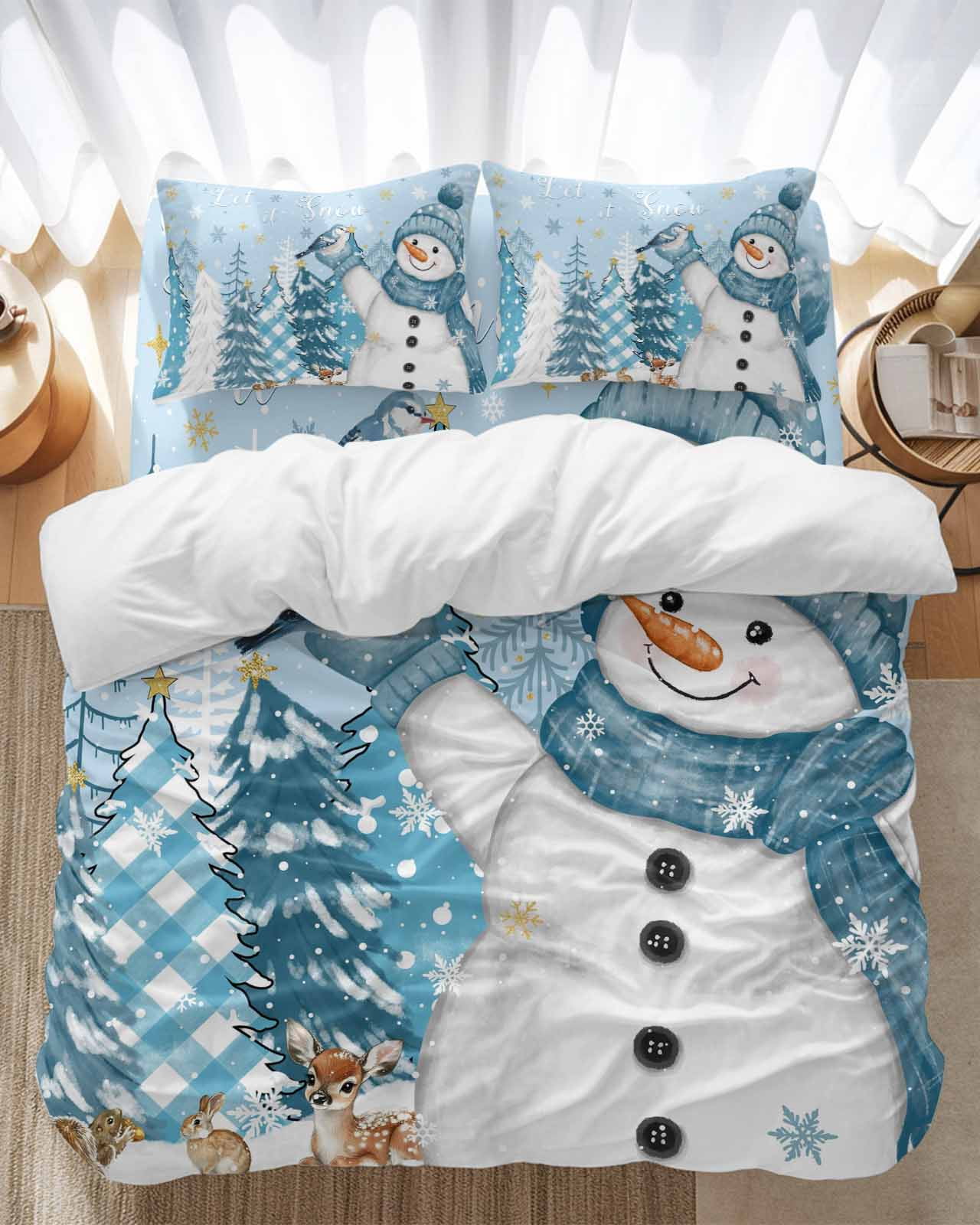 Blue Snowman Bedding Duvet Cover Set King Size 4 Pieces Christmas Let ...