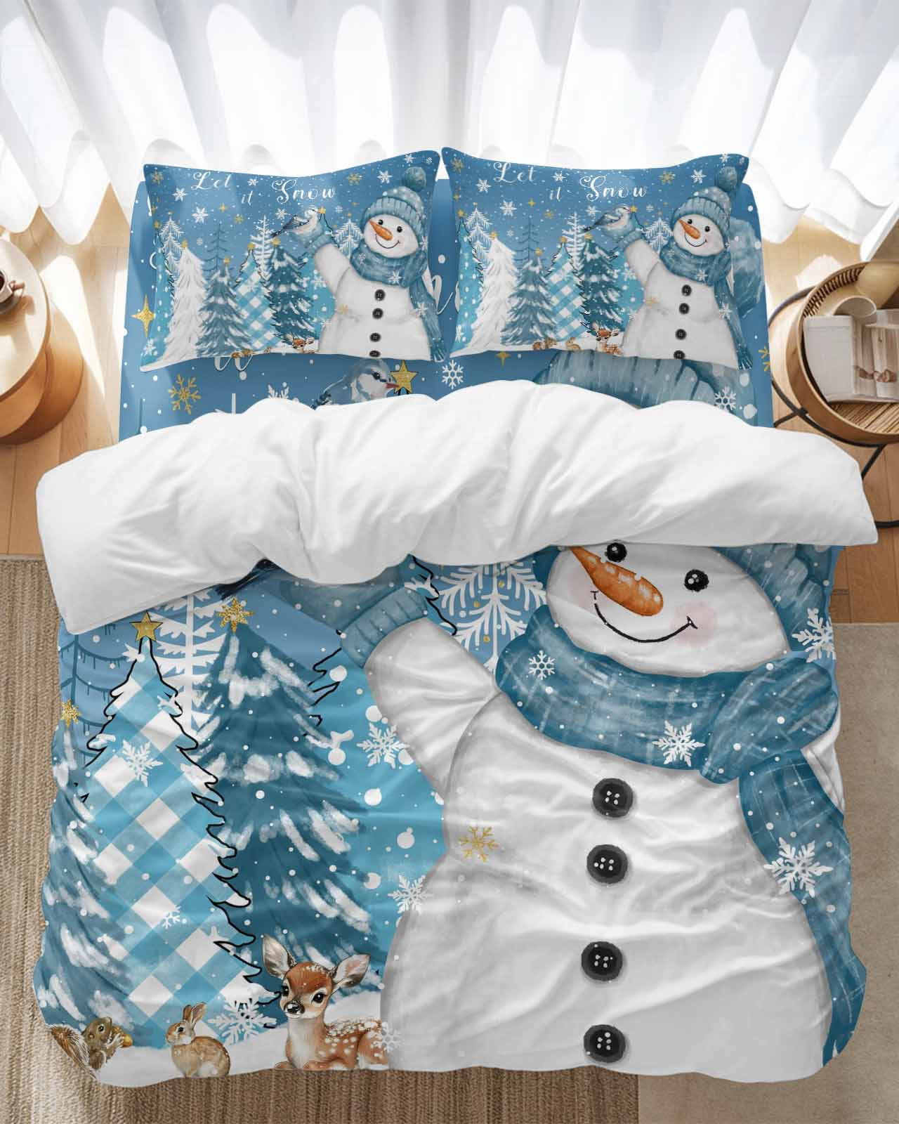 Blue Snowman Bedding Duvet Cover Set King Size 4 Pieces Christmas Let ...