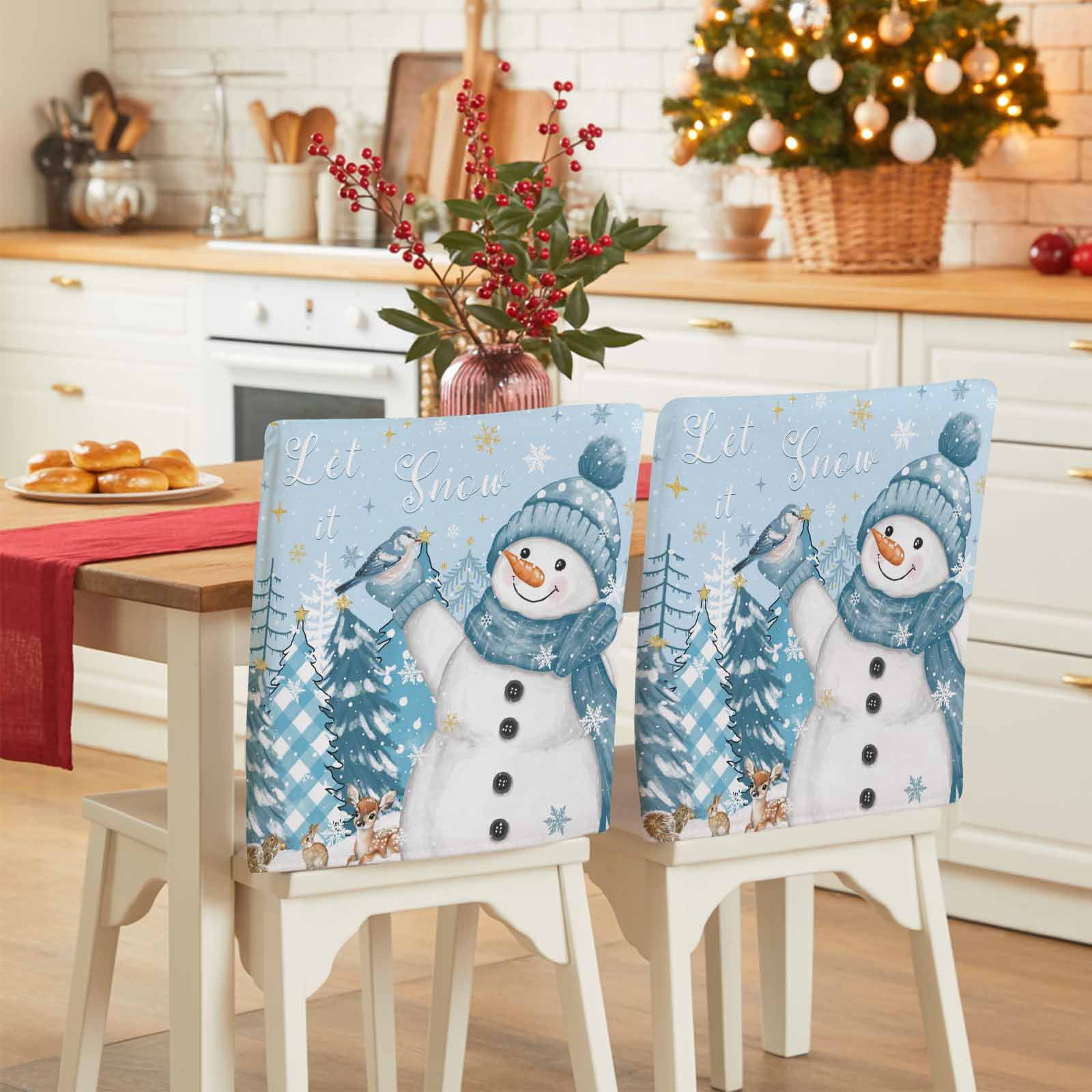 Blue Snowman Chair Covers Set of 1 Christmas Let Snow Pine Trees Bird ...