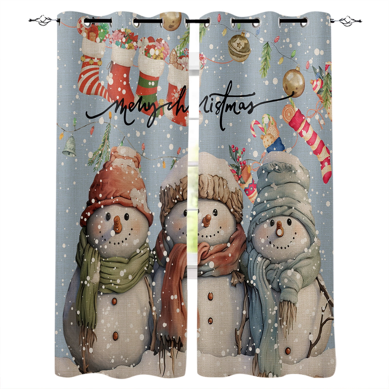 Blue Snowman Christmas Blackout Curtains 54 Inches Long, Xmas Stocking ...