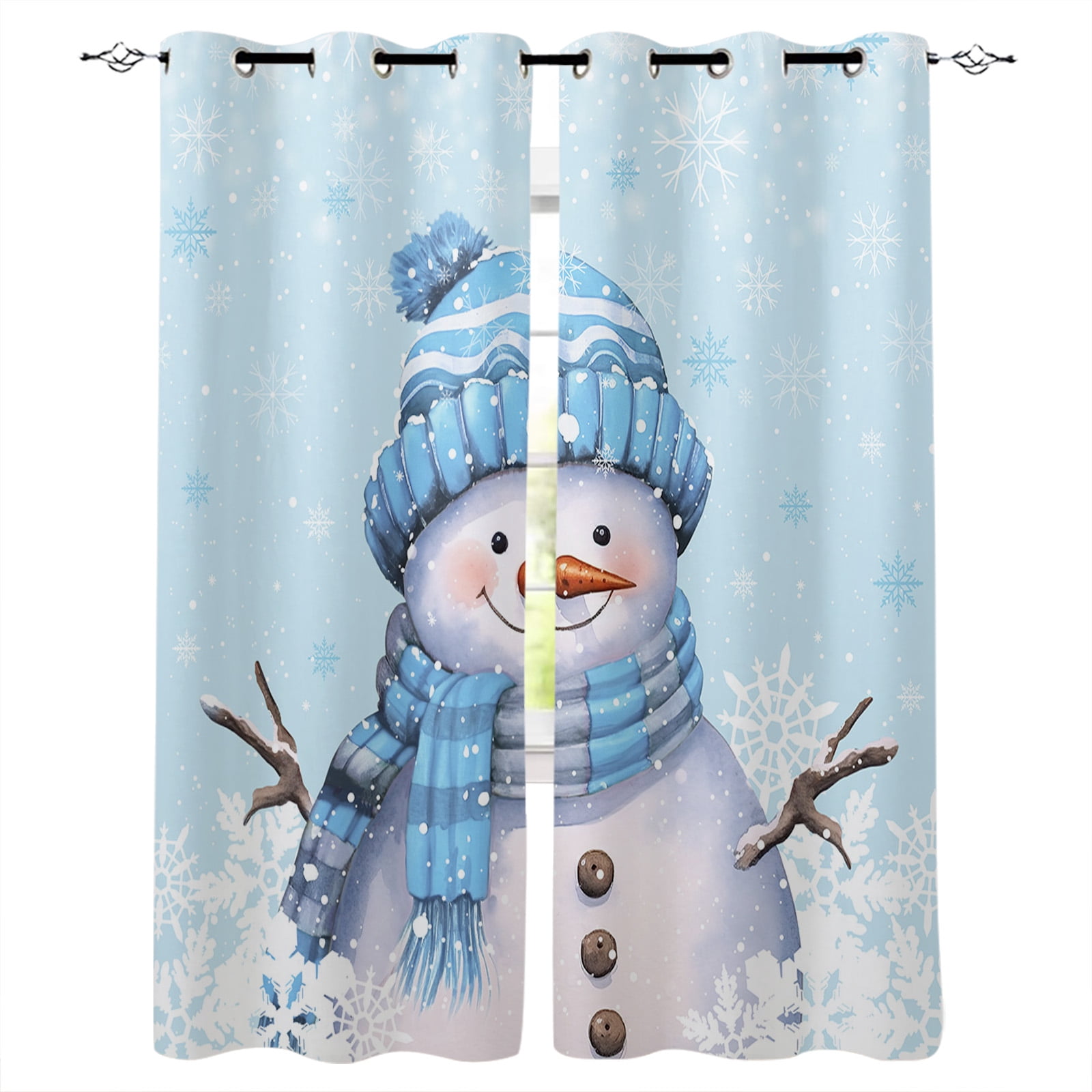 Blue Snowman Christmas Blackout Curtains 90 Inches Long, Thermal ...