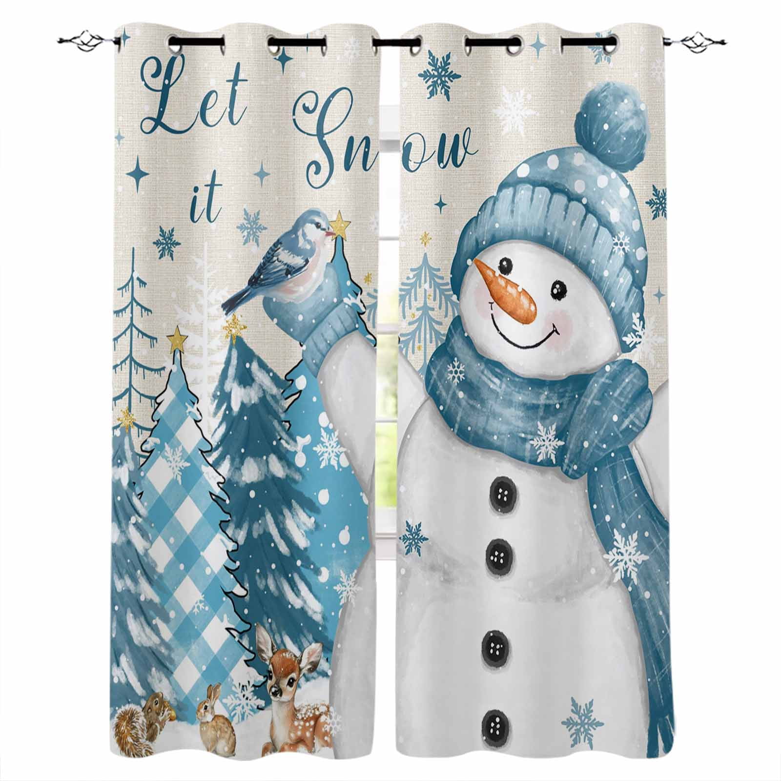 Blue Snowman Christmas Blackout Curtains 96 Inches Long, Xmas Tree ...