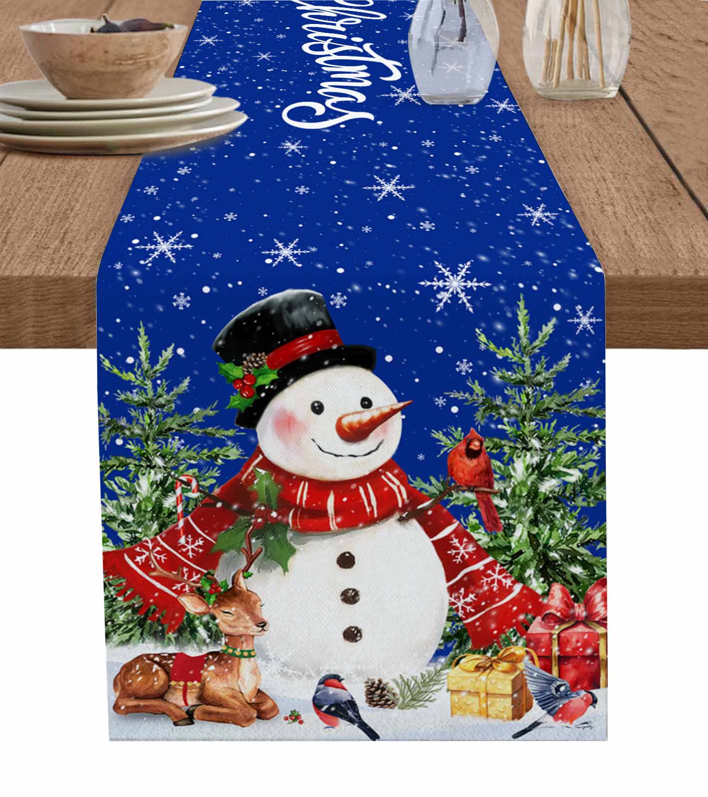 Blue Snowman Christmas Burlap-Cotton Table Runner 120 Inches Long,Tree ...