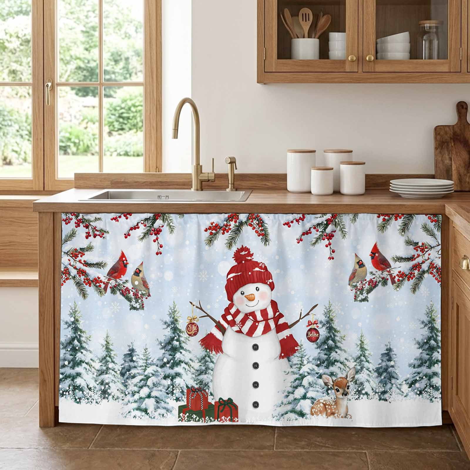 Blue Snowman Christmas Cabinet Curtain 28"Wx51"L, Dustproof Storage ...