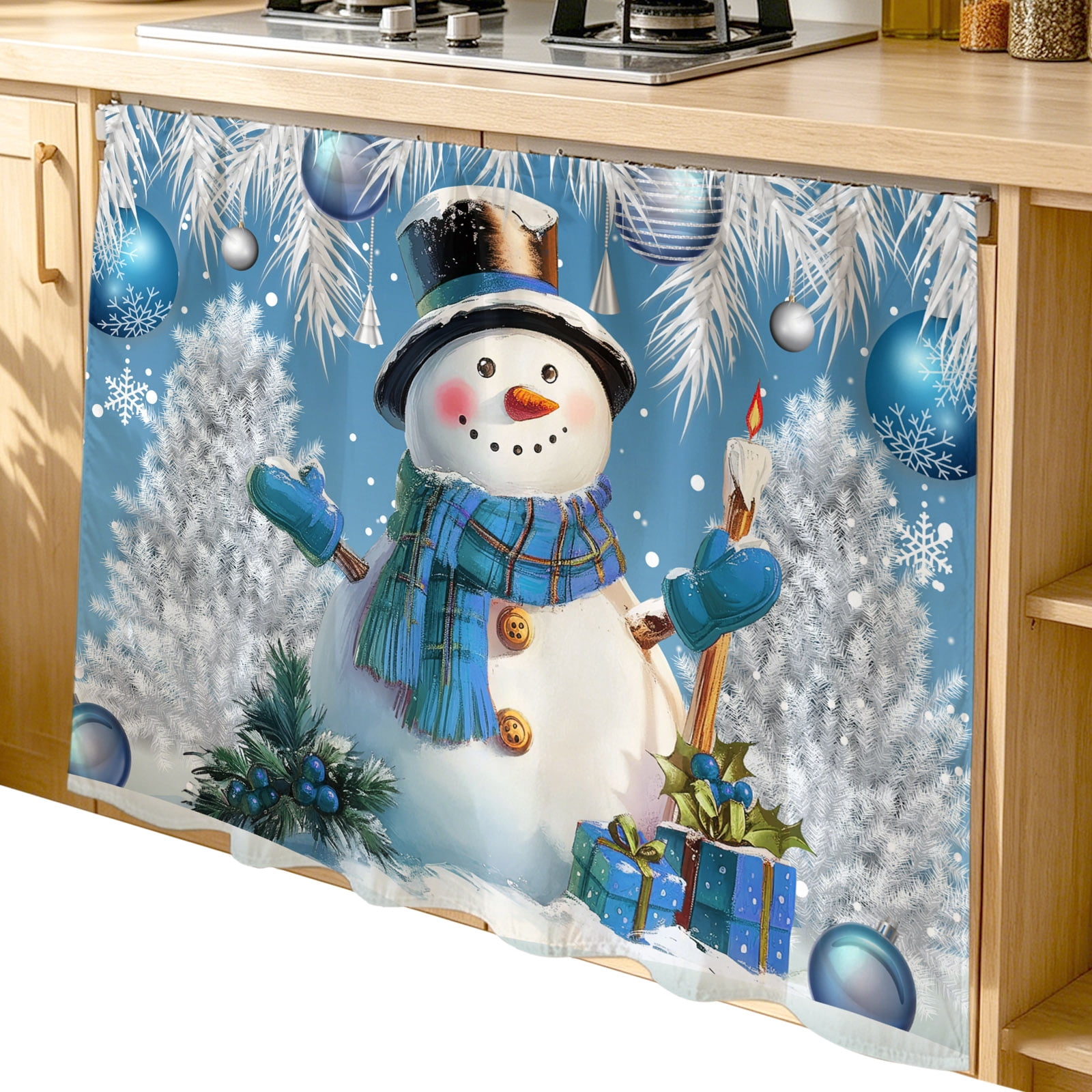 Blue Snowman Christmas Cabinet Curtains 35"W x 35"L,Dustproof Sink ...