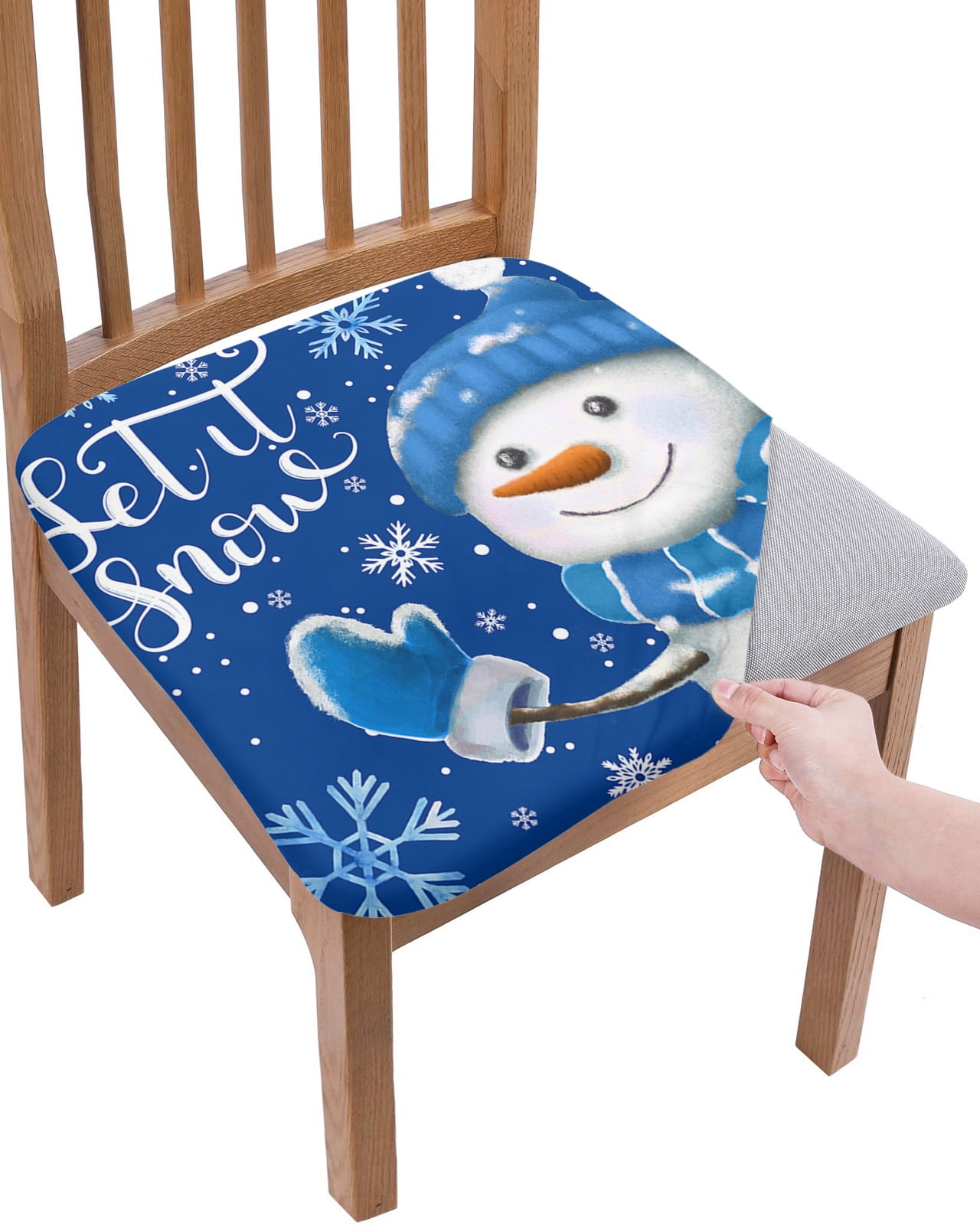 Blue Snowman Christmas Chair Seat Covers for Dining Room Stretch Chair ...