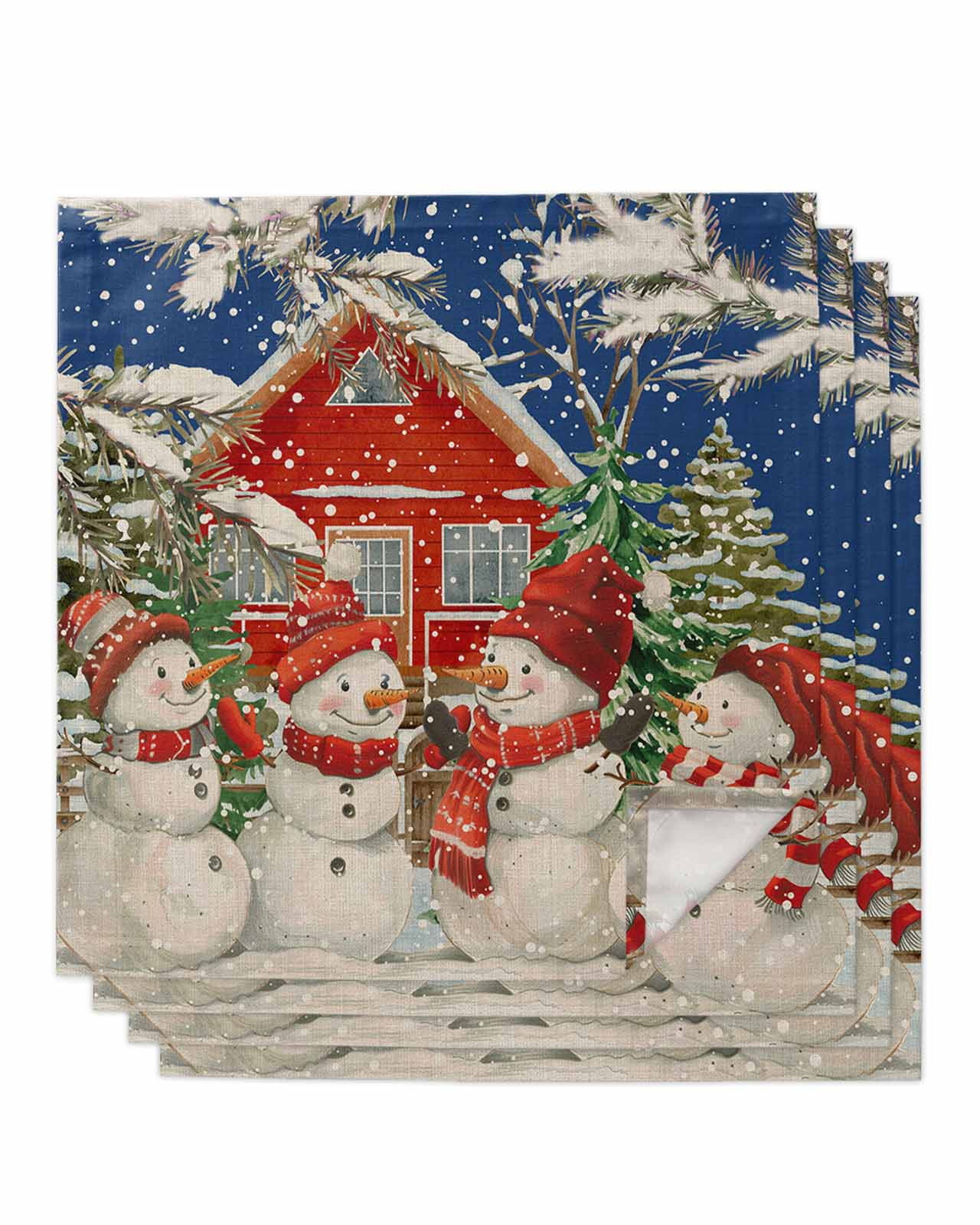 Blue Snowman Christmas Cloth Napkins Set of 4, Farmhouse Tree Xmas ...