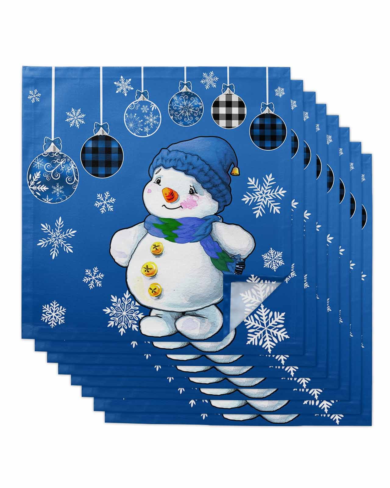 Blue Snowman Christmas Cloth Napkins Washable Set of 8, Xmas Ball ...