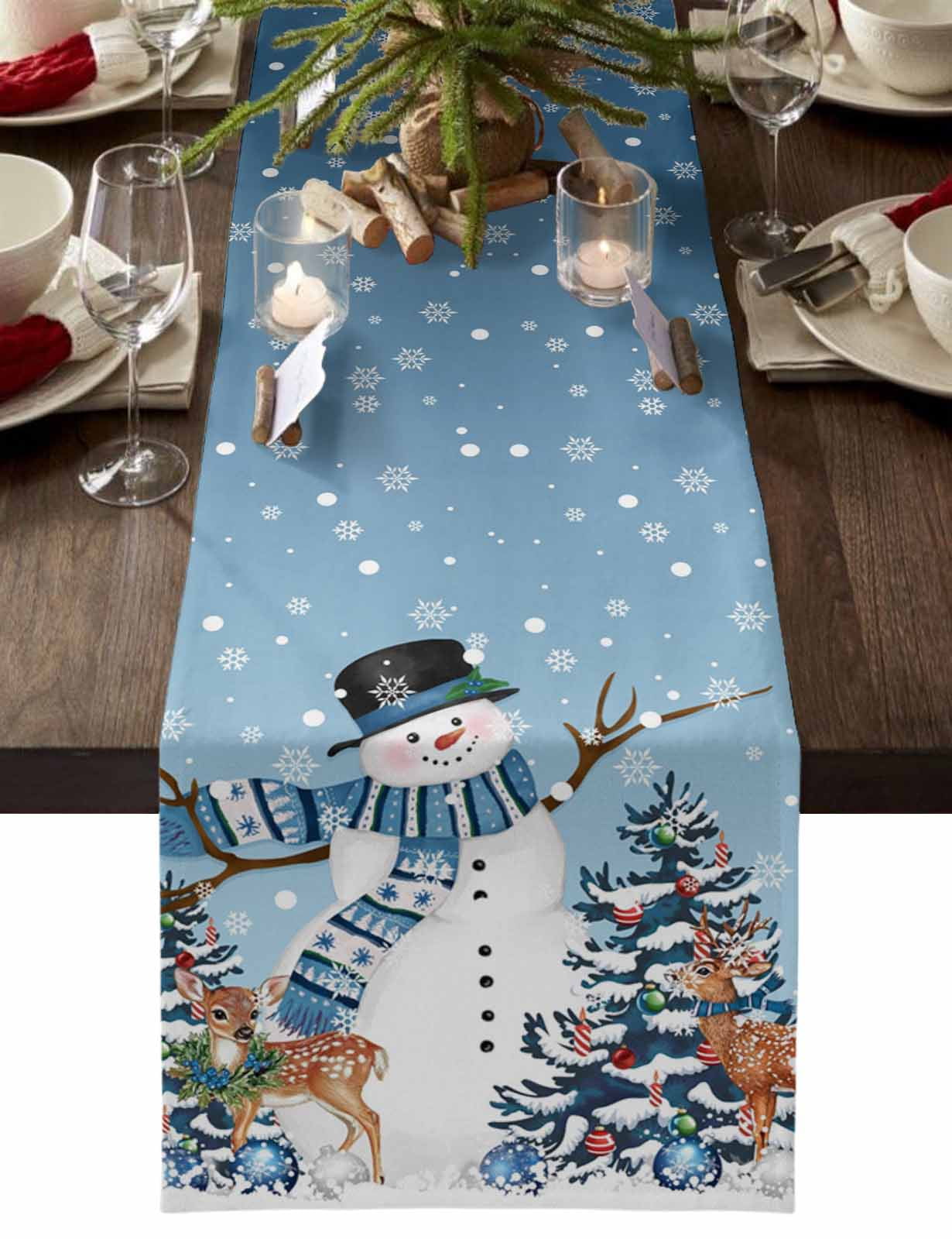 Blue Snowman Christmas Cotton Linen Table Runner for Dining Kitchen ...