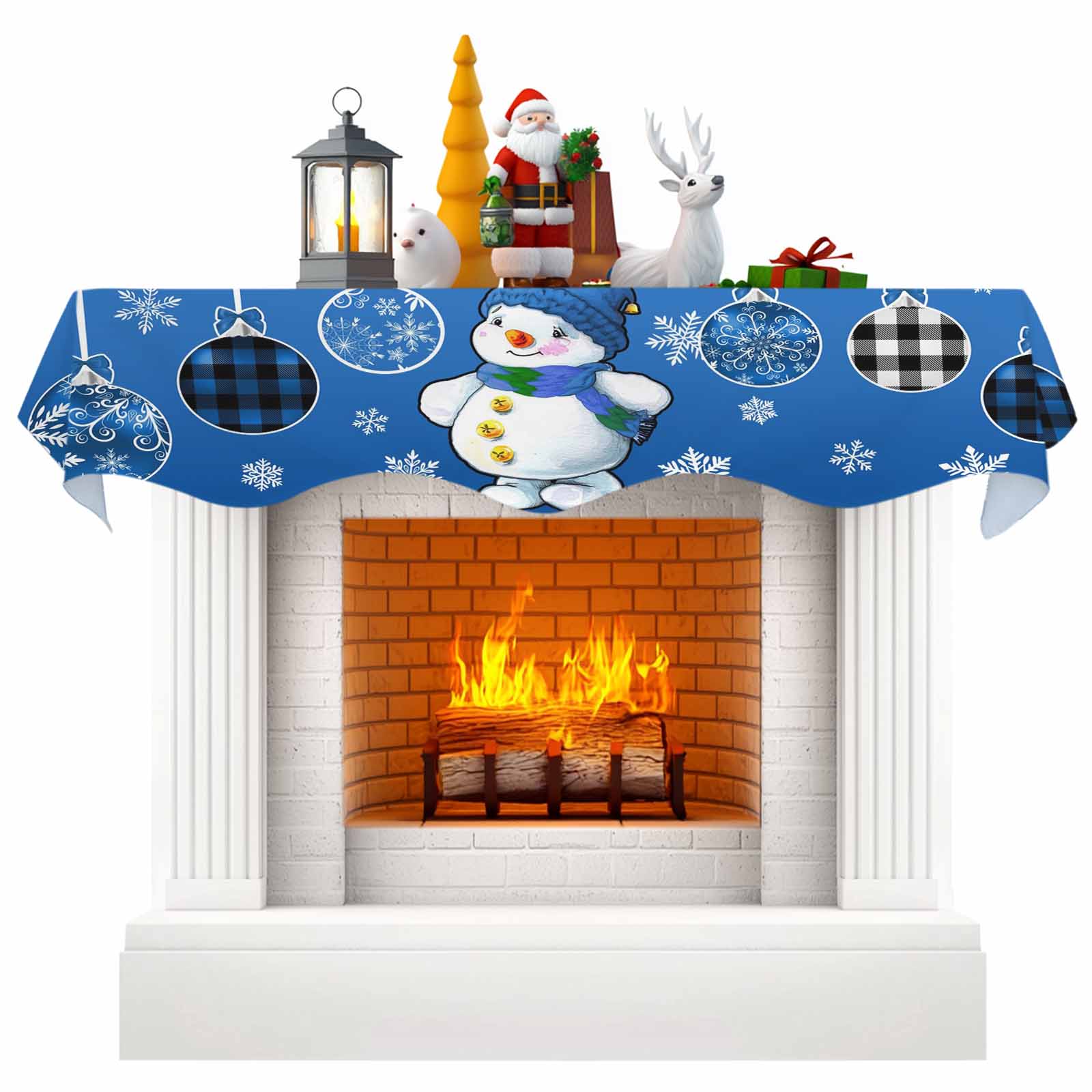 Blue Snowman Christmas Fireplace Mantle Scarf, Xmas Ball Snowflake ...