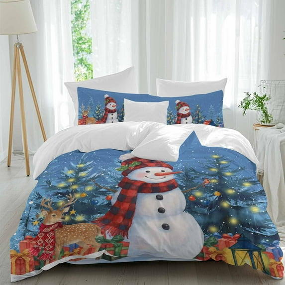 Blue Snowman Christmas Gift Comforter Set Twin Size, Xmas Tree Winter ...