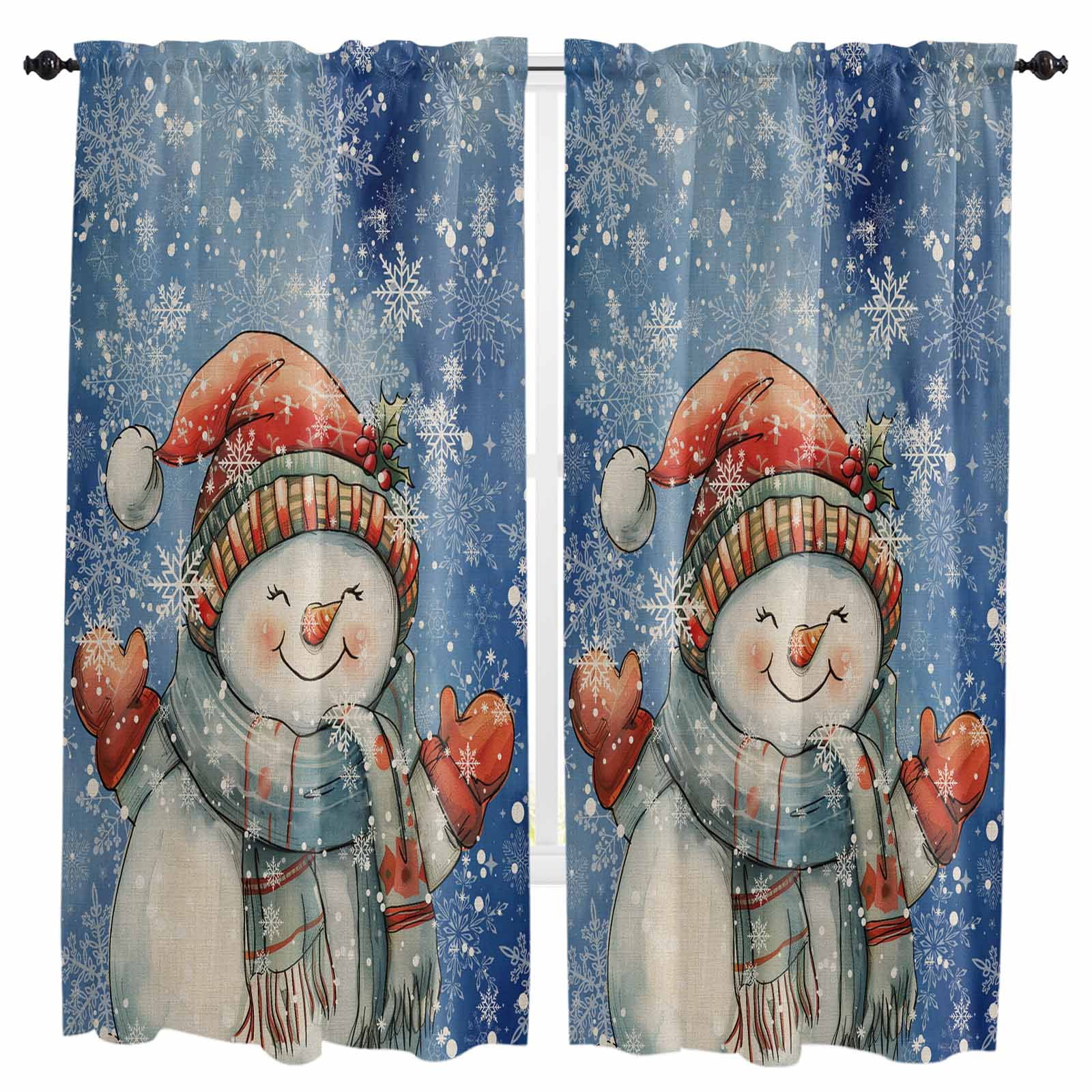 Blue Snowman Christmas Kitchen Curtain 2 Panels Curtains 72 Inch Length ...