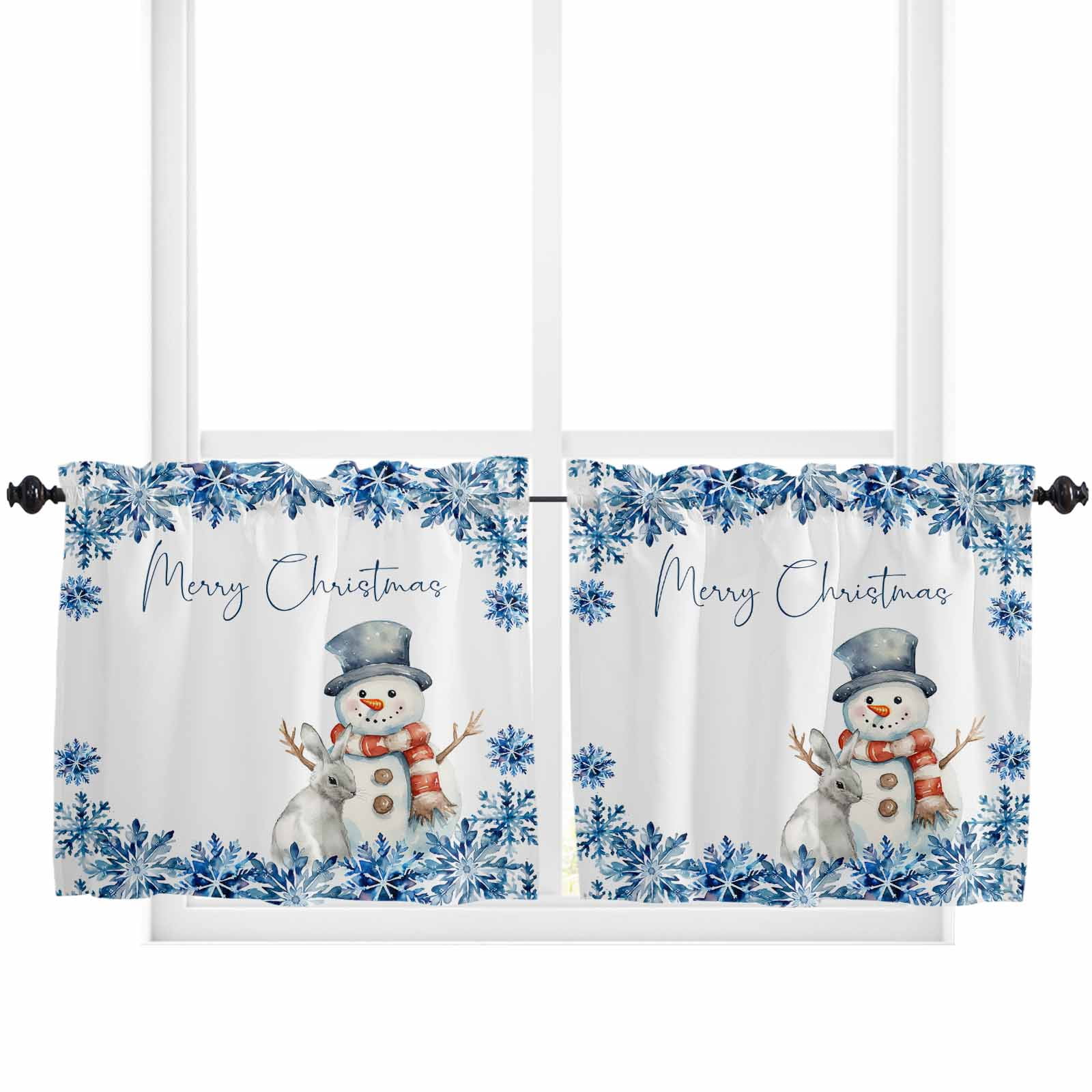 Blue Snowman Christmas Kitchen Curtain 2 Panels Tiers Curtains 24 Inch ...