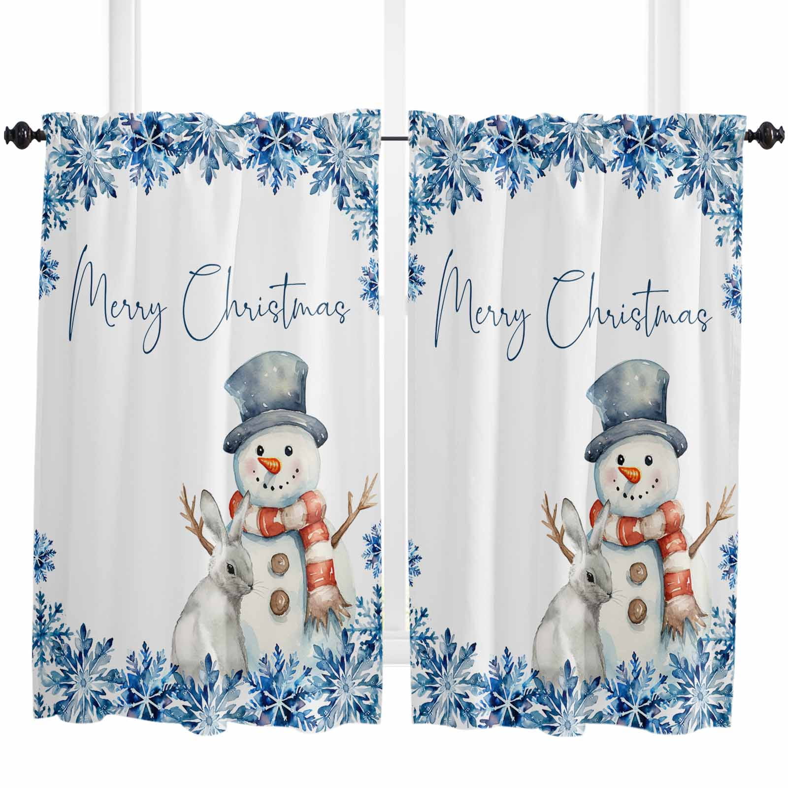 Blue Snowman Christmas Kitchen Curtain 2 Panels Tiers Curtains 45 Inch ...