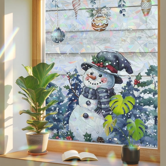 Blue Snowman Christmas Privacy Window Film,Decorative Stained Glass ...
