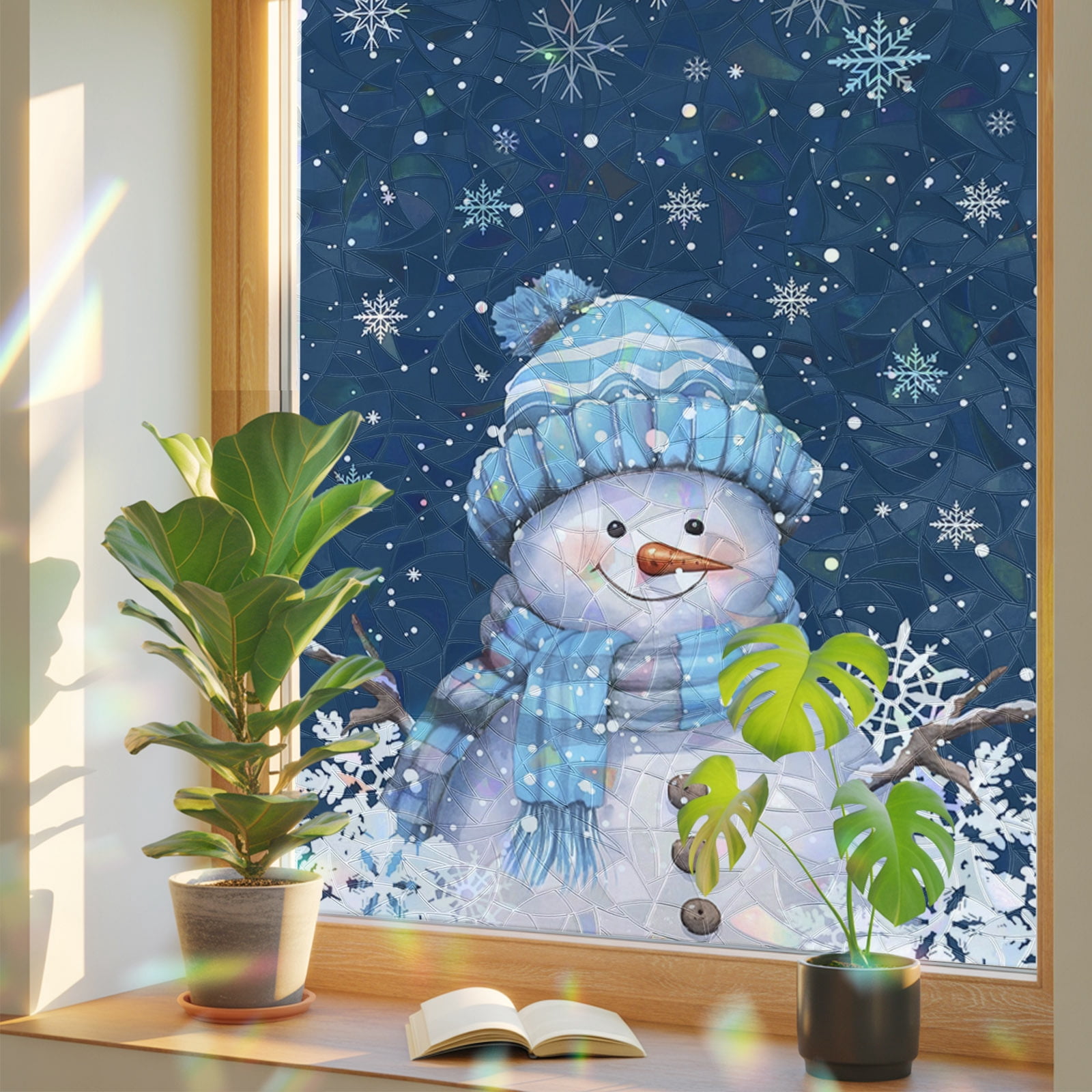 Blue Snowman Christmas Privacy Window Film, Decorative Stained Glass ...