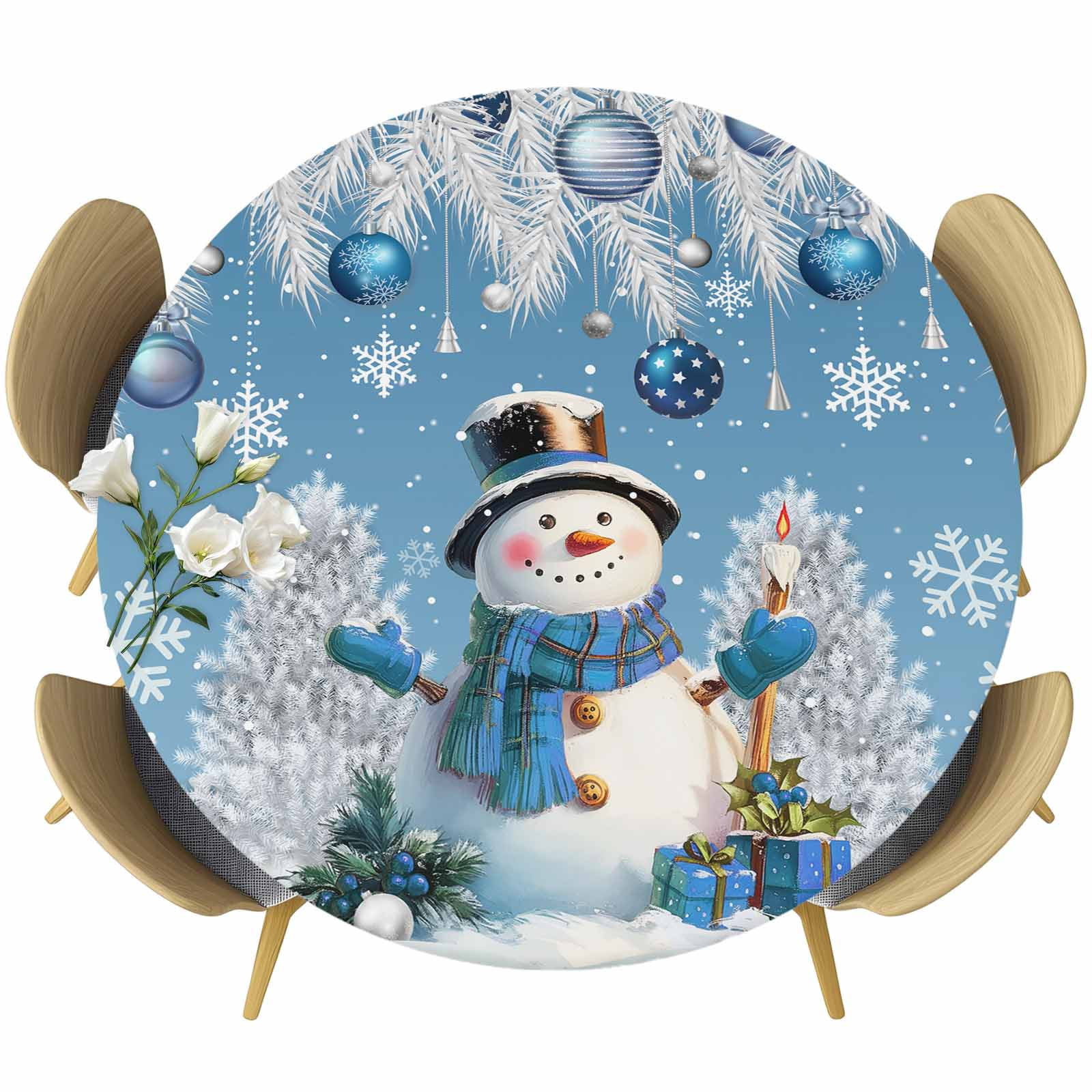 Blue Snowman Christmas Round Tablecloth 45-54 Inch Round Fitted Table ...