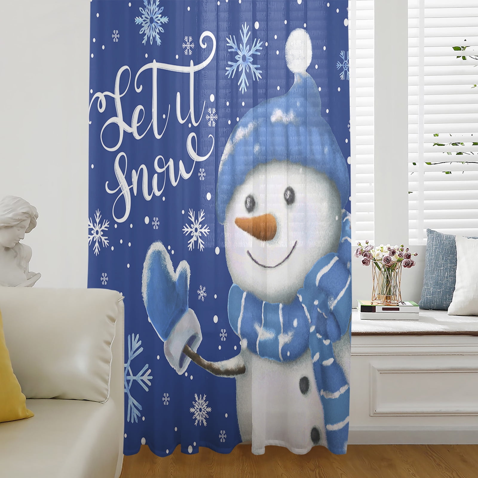 Blue Snowman Christmas Semi Sheer Curtains Drapes for Living Room ...