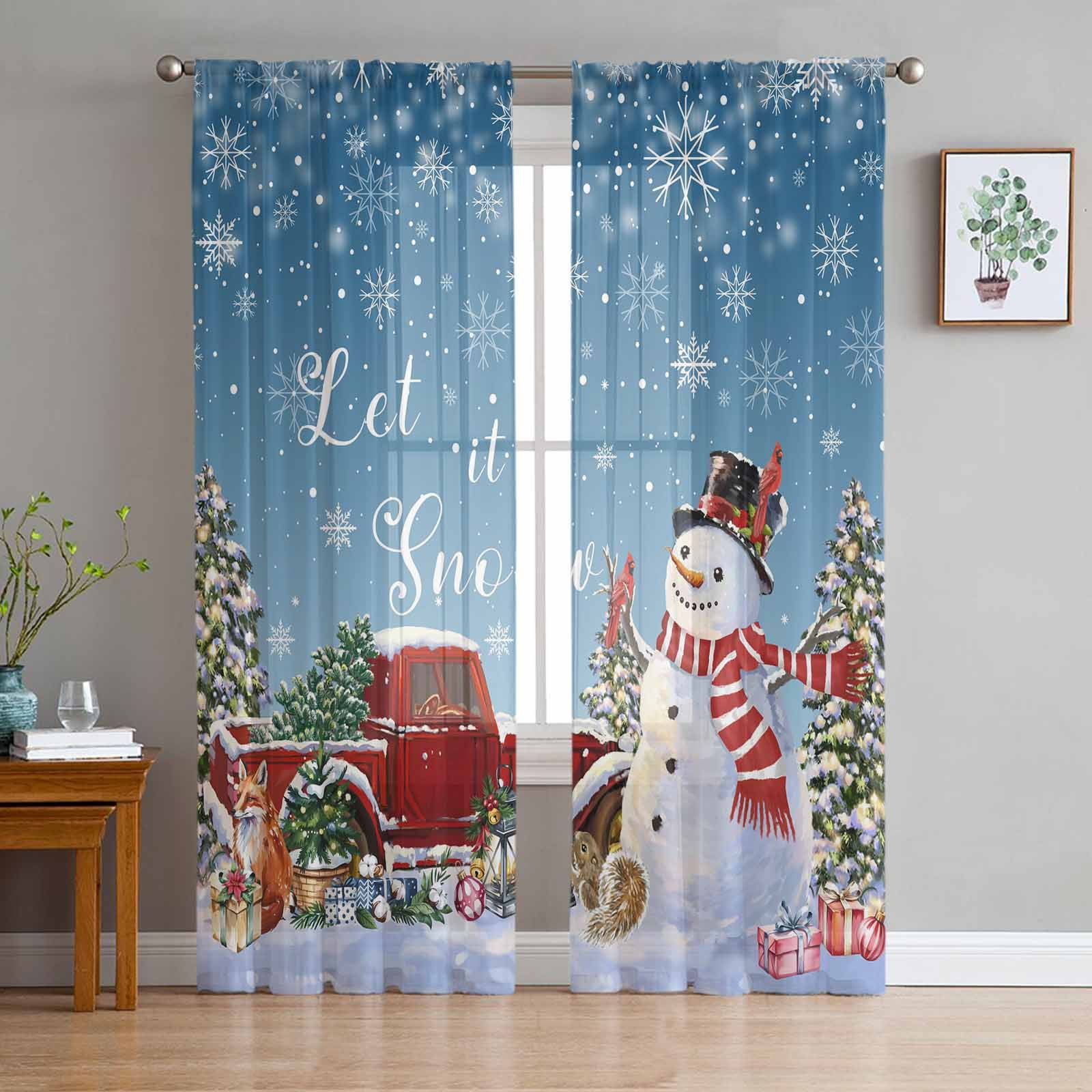 Blue Snowman Christmas Sheer Curtains 108 Inches Long, Snowflake Red ...
