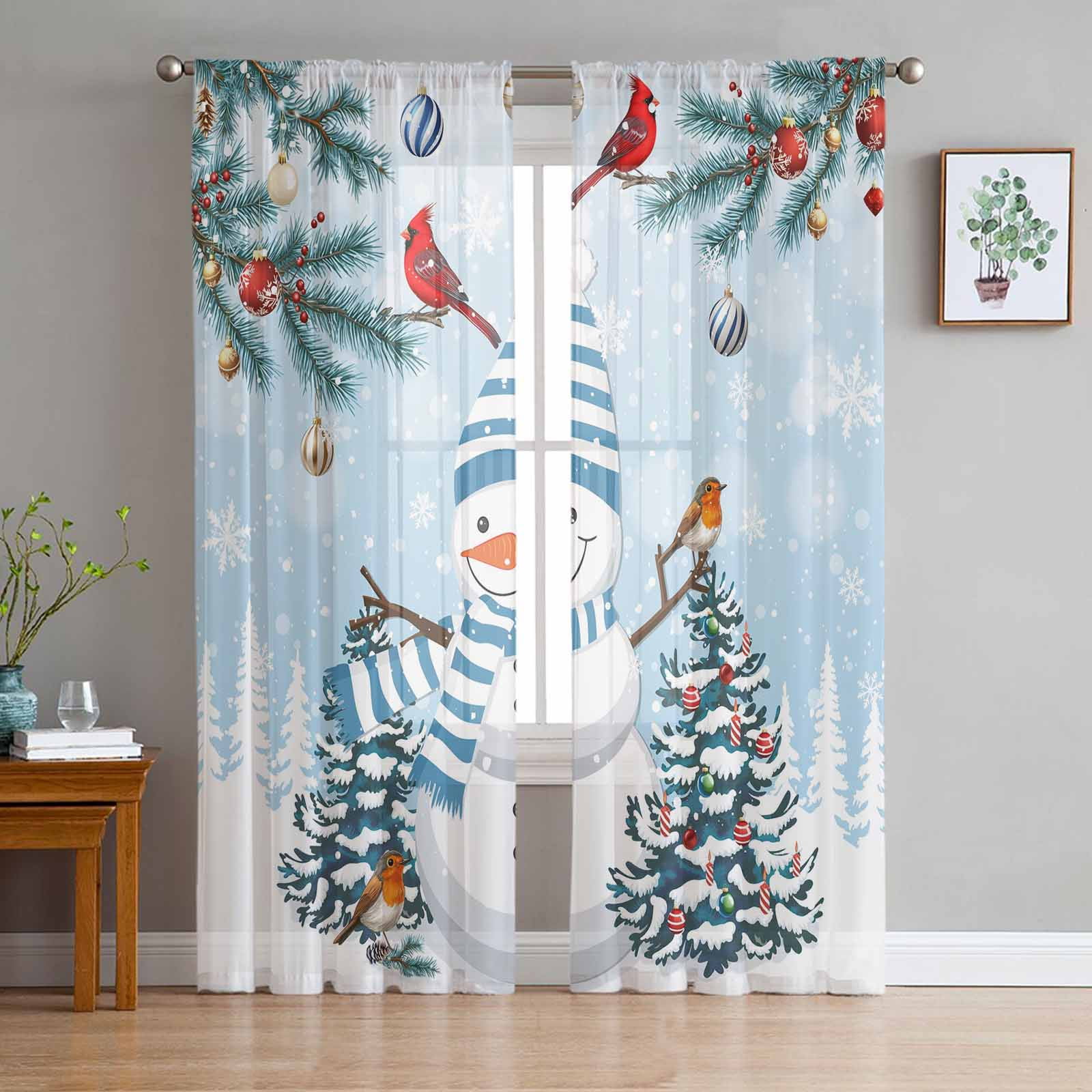 Blue Snowman Christmas Sheer Curtains 108 Inches Long, Xmas Tree ...