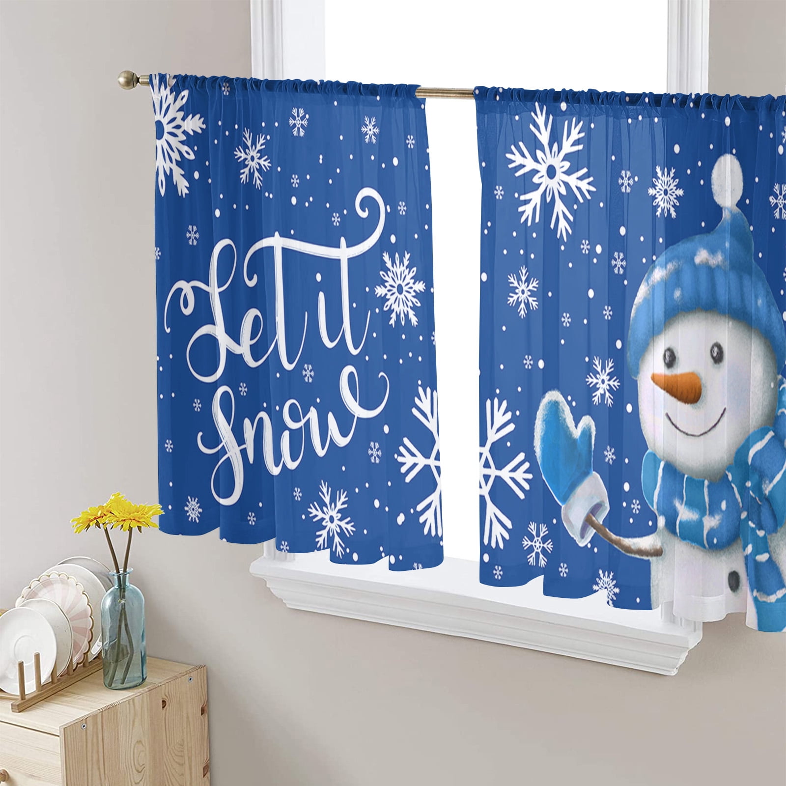 Blue Snowman Christmas Sheer Curtains 45 Inch Length 2 Panels Set for ...