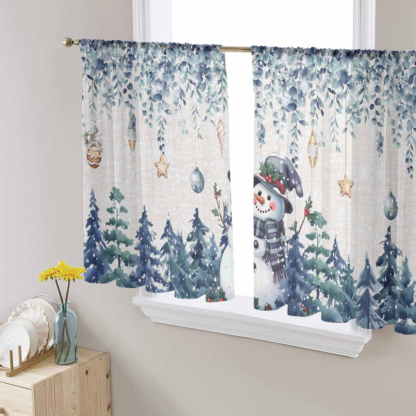 Blue Snowman Christmas Sheer Curtains 45 Inch Length 2 Panels Set, Semi ...