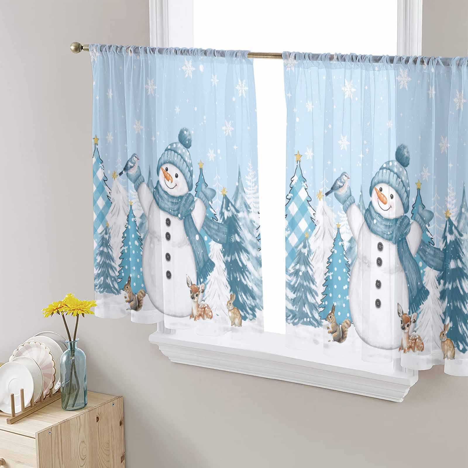 Blue Snowman Christmas Sheer Curtains 54 Inches Long, Xmas Tree ...