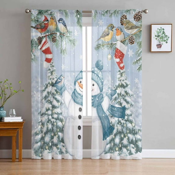 Blue Snowman Christmas Sheer Curtains 63 Inch Length 2 Panels Set, Semi ...