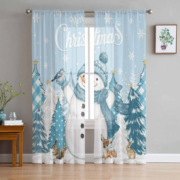 Blue Snowman Christmas Sheer Curtains 63 Inch Length 2 Panels Set, Semi ...