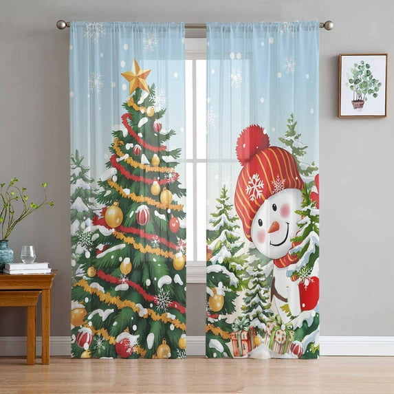 Blue Snowman Christmas Sheer Curtains 63 Inch Length 2 Panels Set, Semi ...