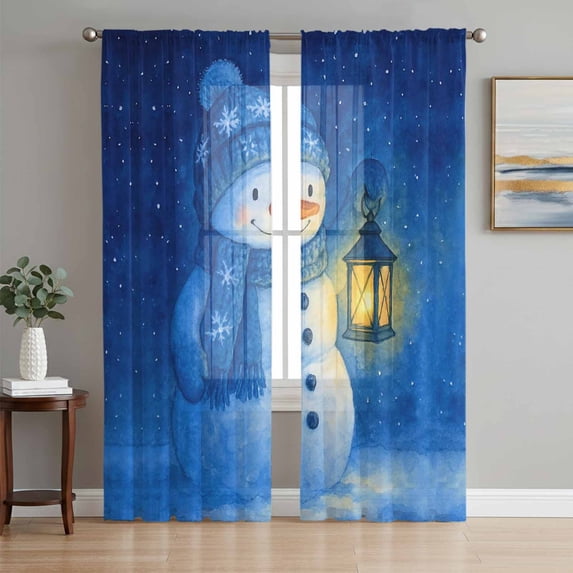 Blue Snowman Christmas Sheer Curtains 63 Inch Length 2 Panels Set, Xmas ...
