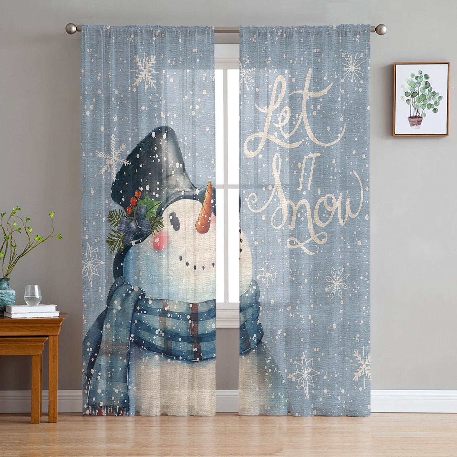Blue Snowman Christmas Sheer Curtains 72 Inch Length 2 Panels Set for ...