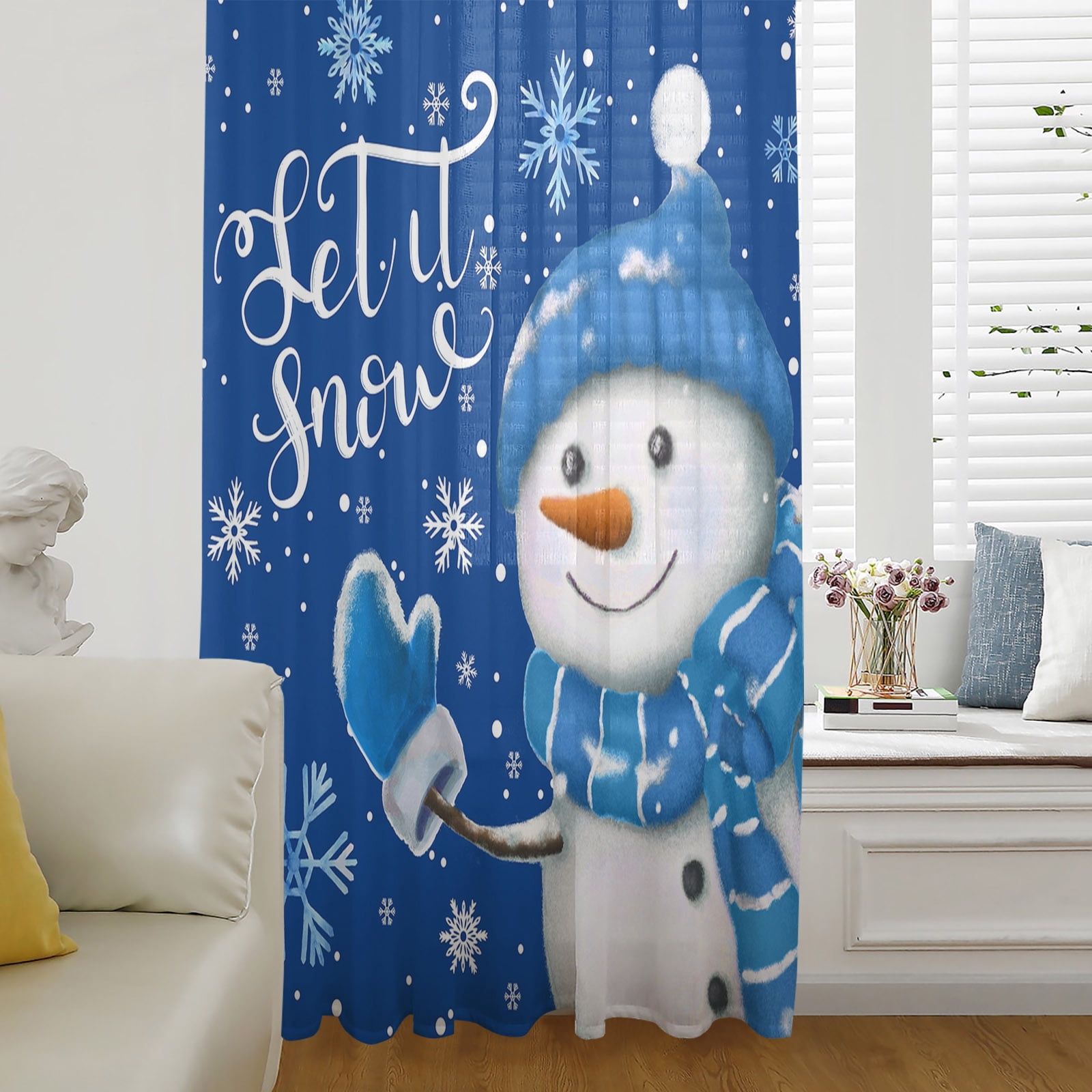 Blue Snowman Christmas Sheer Curtains 72 Inch Length, Light Filtering ...
