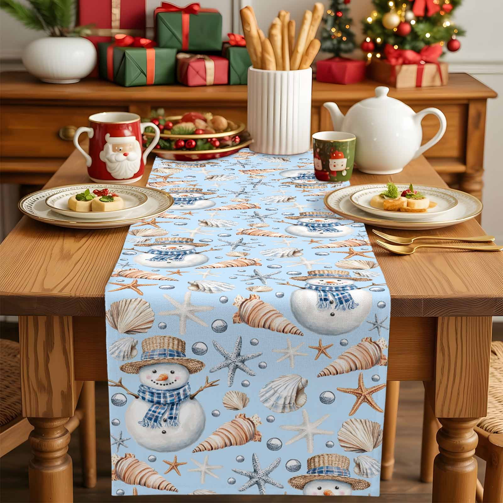 Blue Snowman Christmas Shell Pearl Table Runner 13x90in Non-Slip Cotton ...