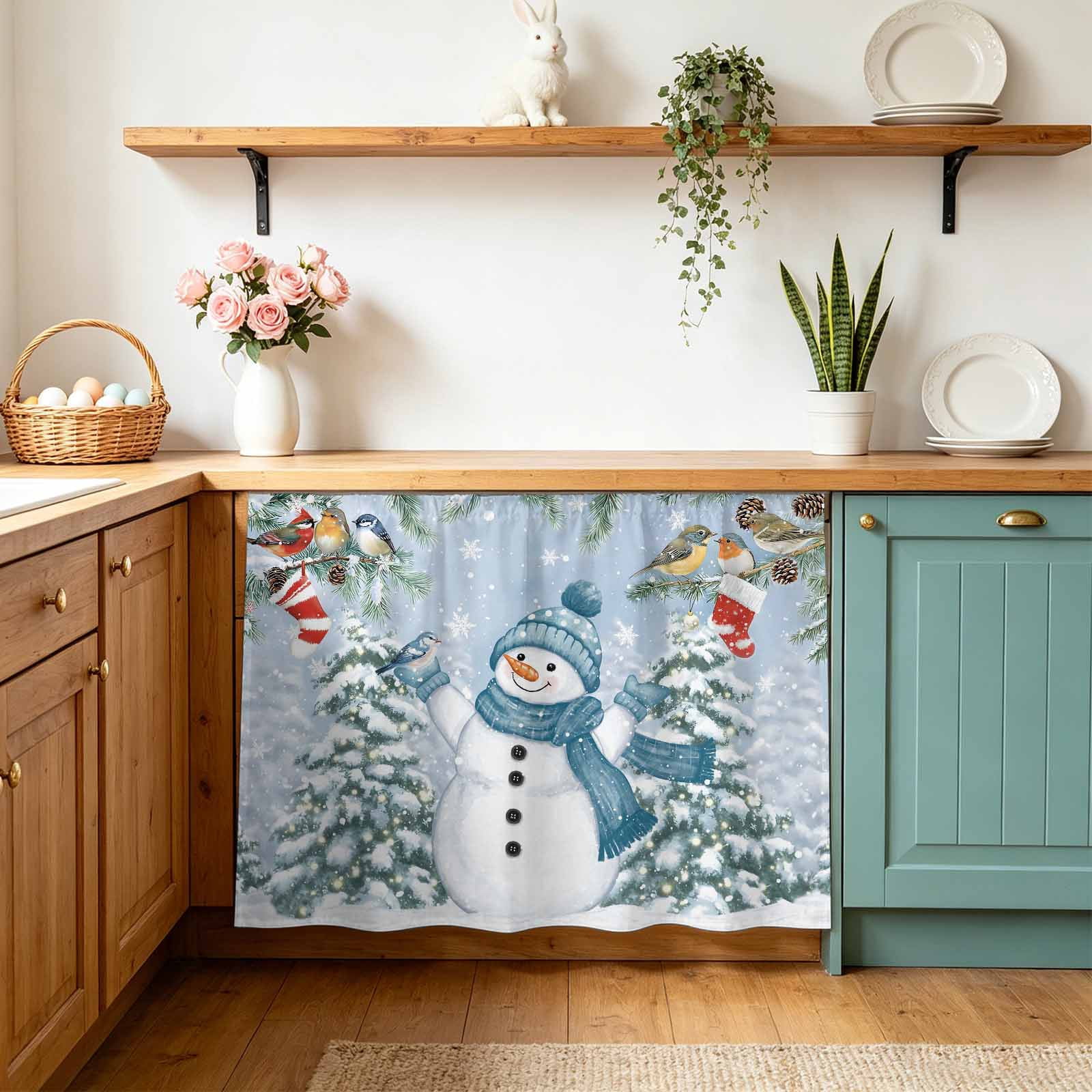 Blue Snowman Christmas Sink Skirt 11"Wx13"L,Dustproof Under Sink ...