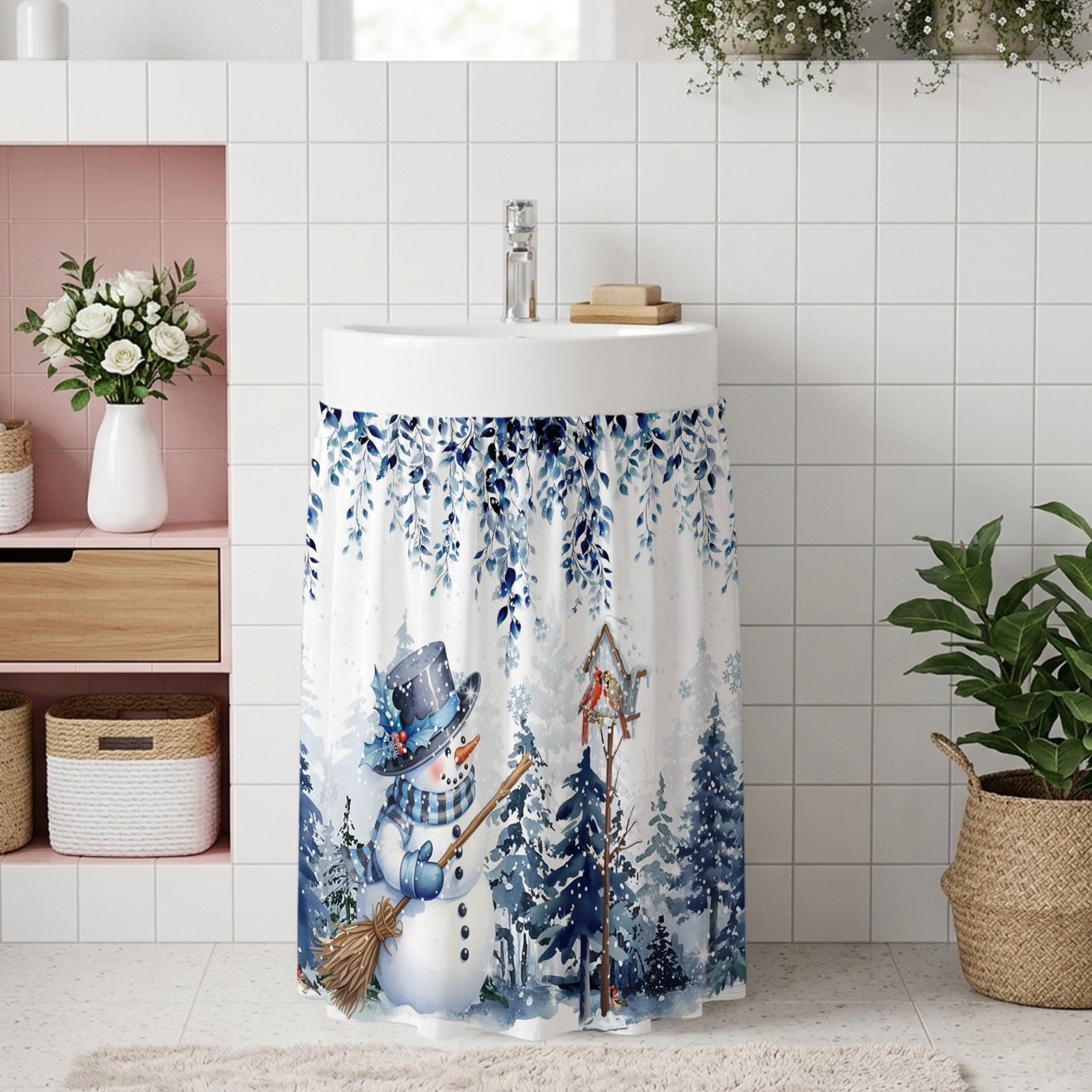 Blue Snowman Christmas Small Sink Skirt 10''x11'', Xmas Tree Forest ...