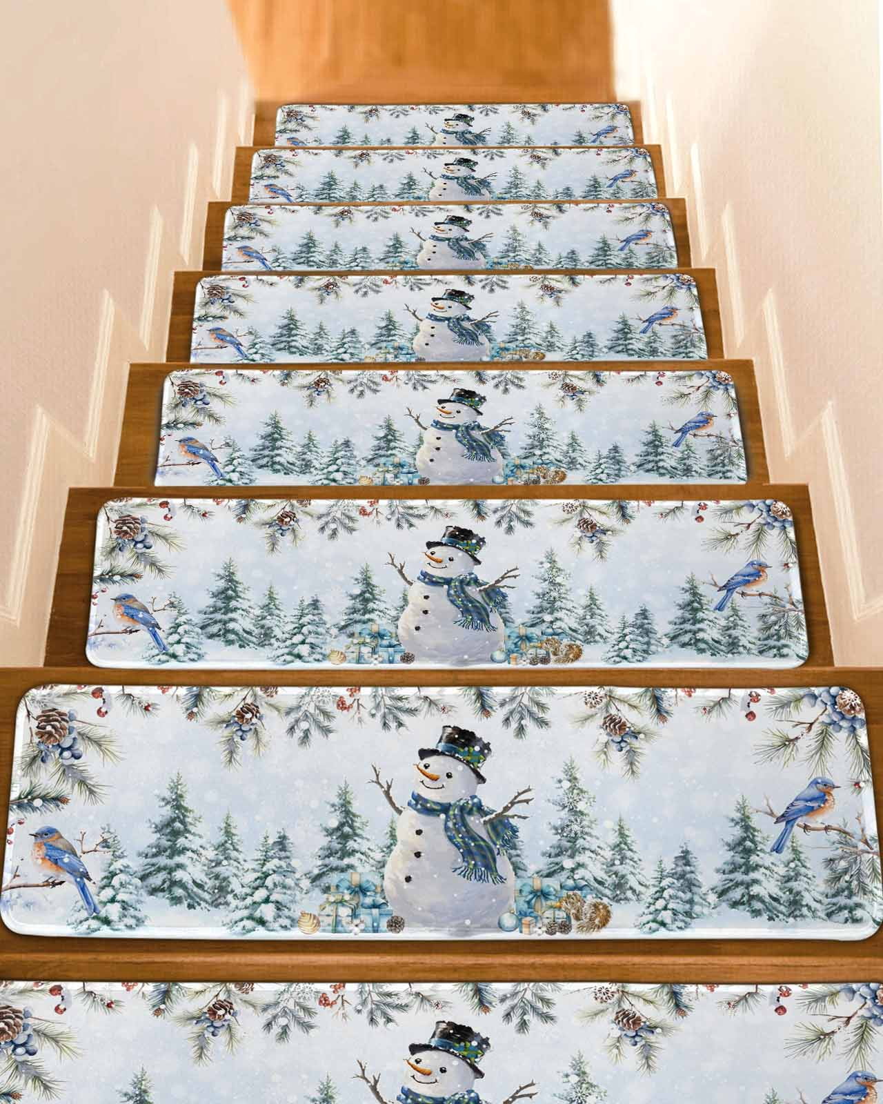 Blue Snowman Christmas Stair Treads for Wooden Steps Indoor Runner Rug ...