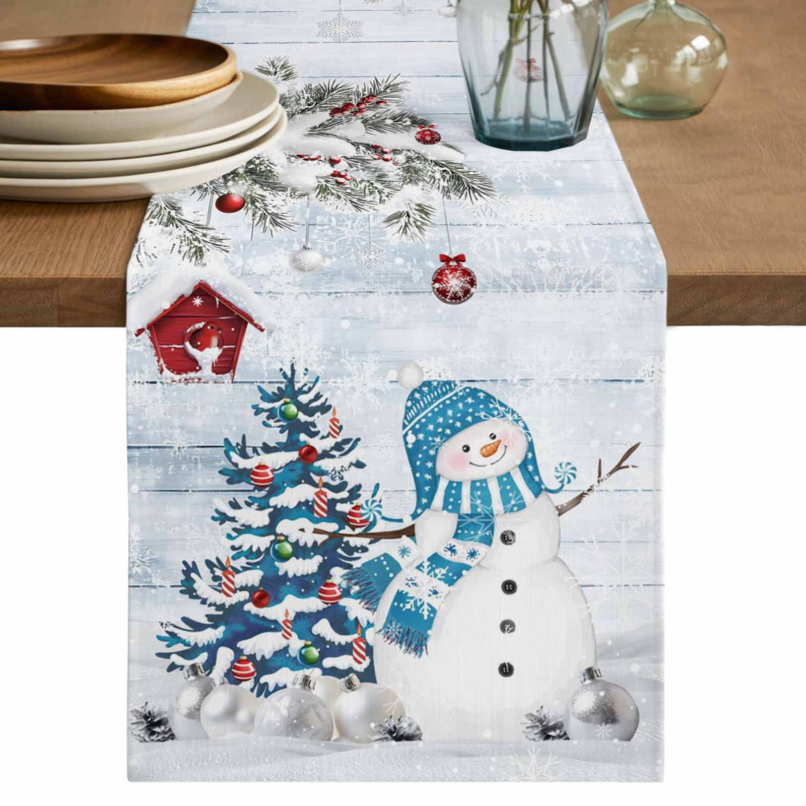 Blue Snowman Christmas Table Runner 36 Inches, Xmas Tree Ball Snowflake ...