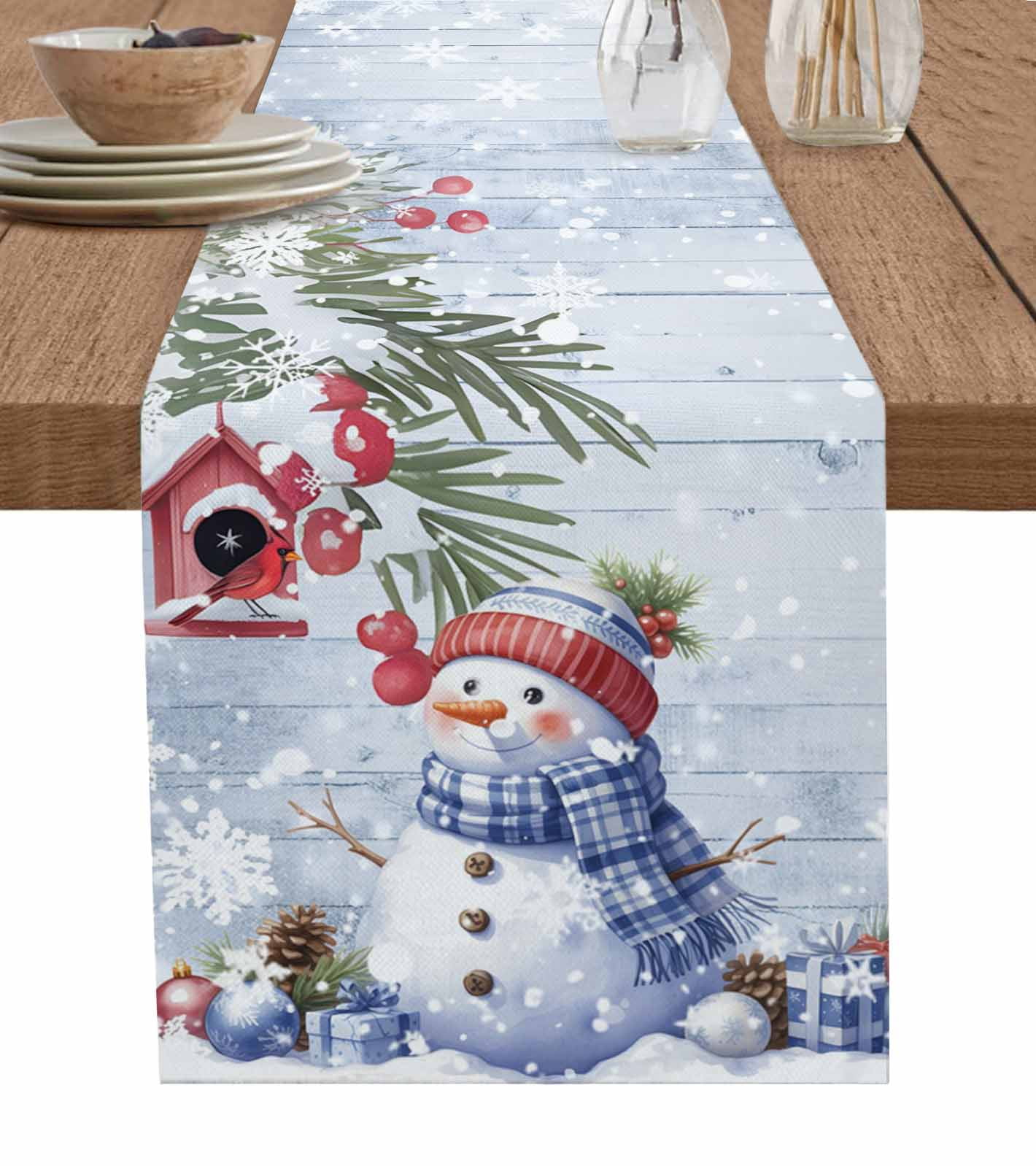 Blue Snowman Christmas Table Runner 60 Inches, Xmas Pine Tree Berries ...