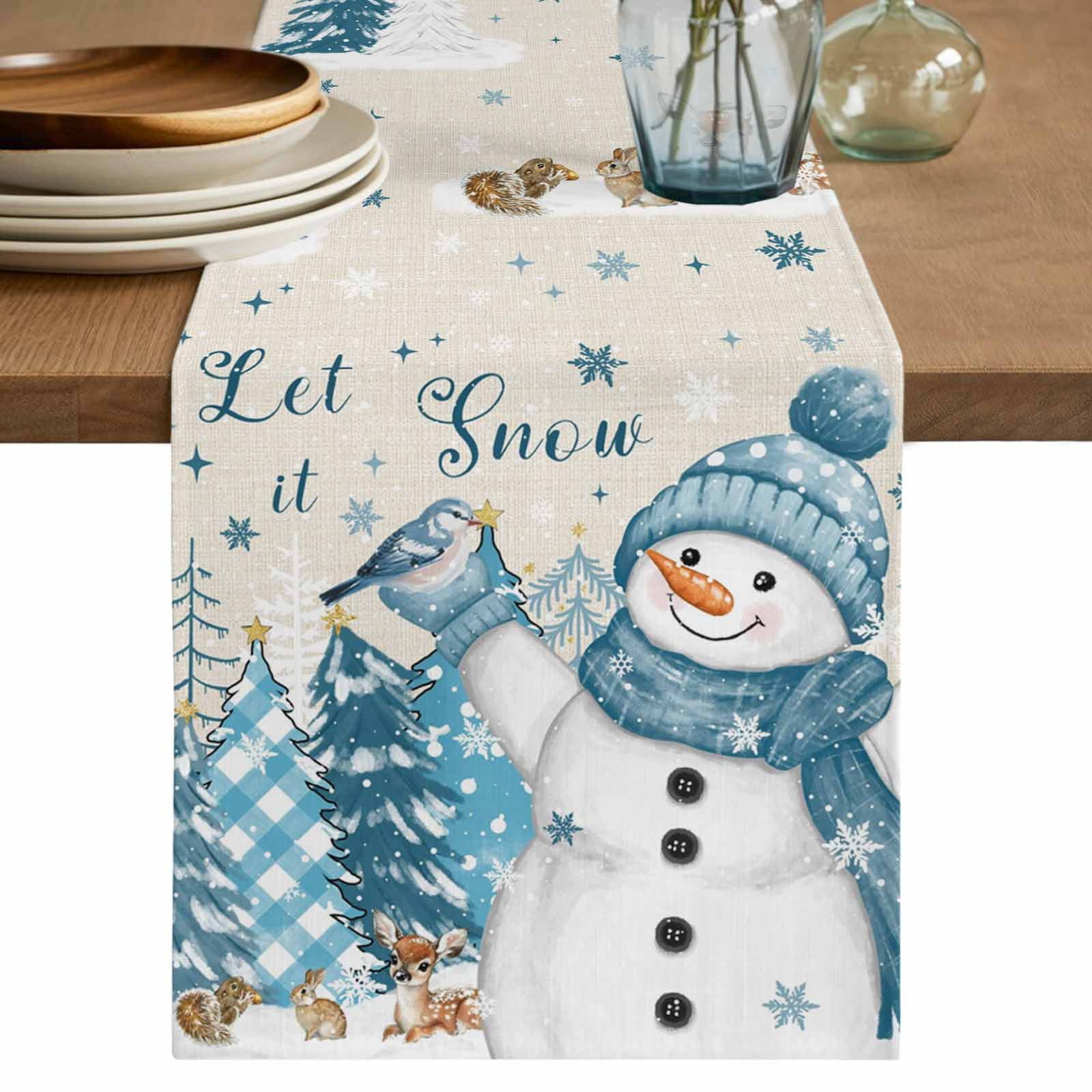 Blue Snowman Christmas Table Runner 60 Inches, Xmas Tree Snowflake ...