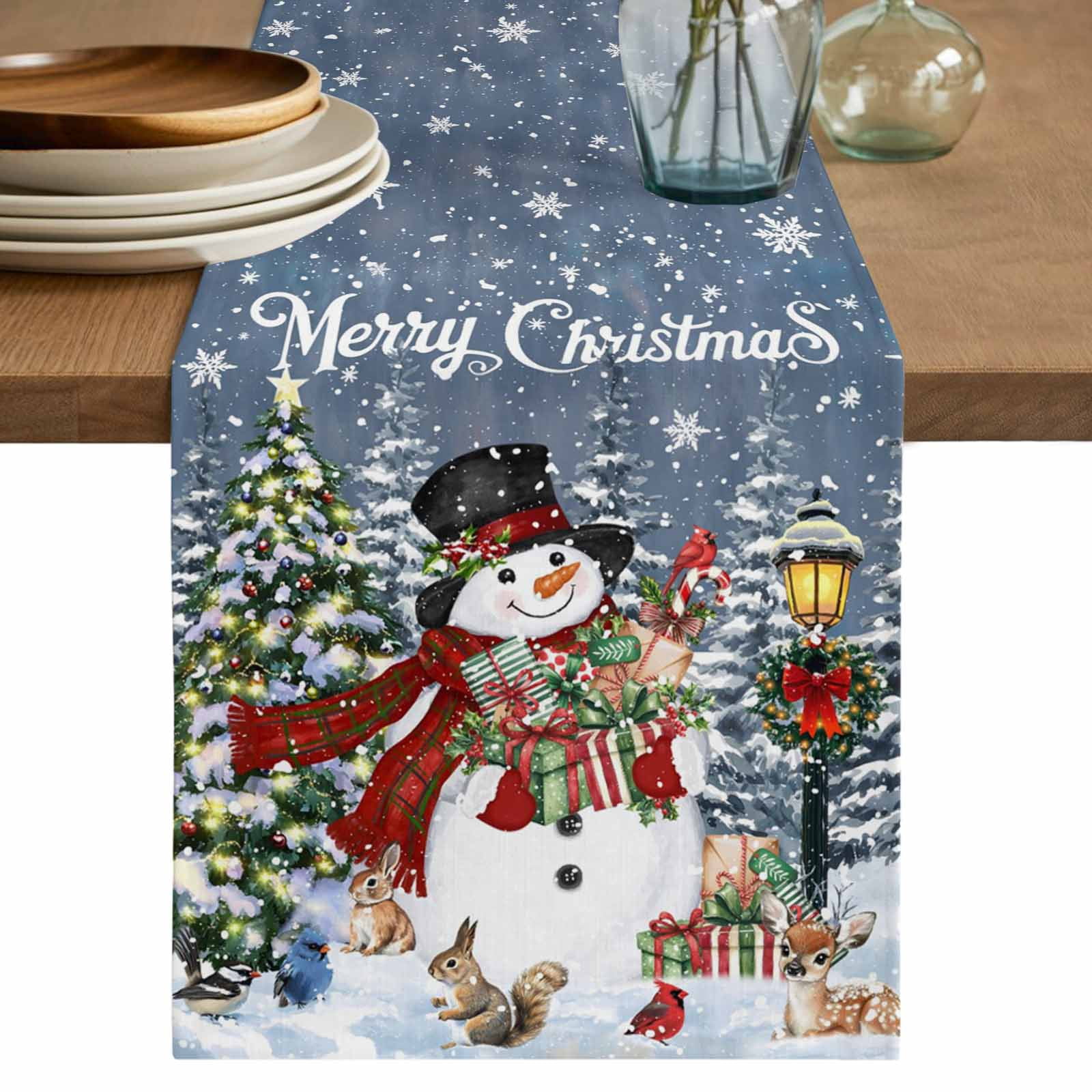 Blue Snowman Christmas Table Runner 70 Inches, Xmas Tree Snowflake ...