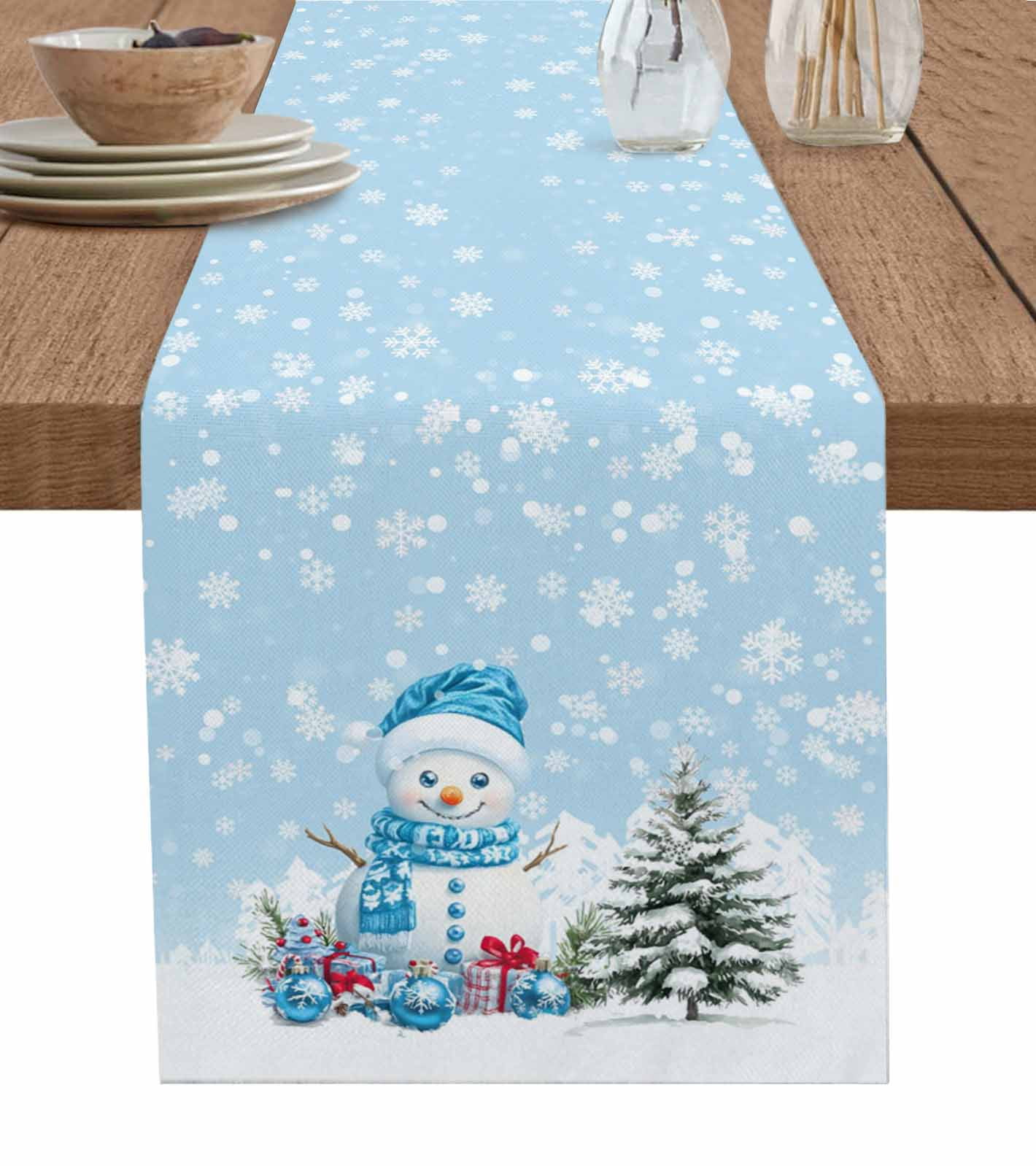 Blue Snowman Christmas Table Runner 72 Inches, Snowflake Xmas Tree ...
