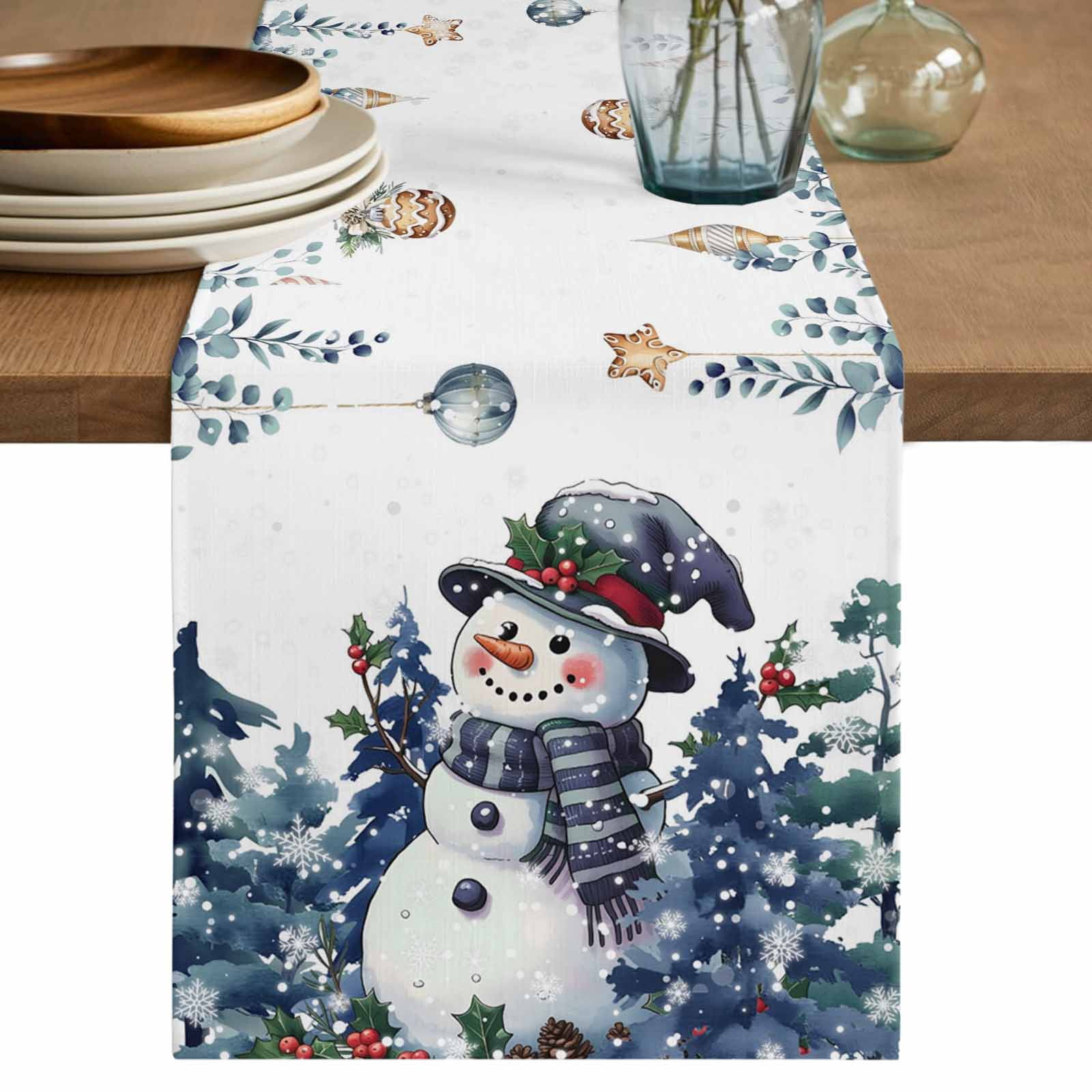 Blue Snowman Christmas Table Runner 90 Inches, Green Eucalyptus Leaves ...