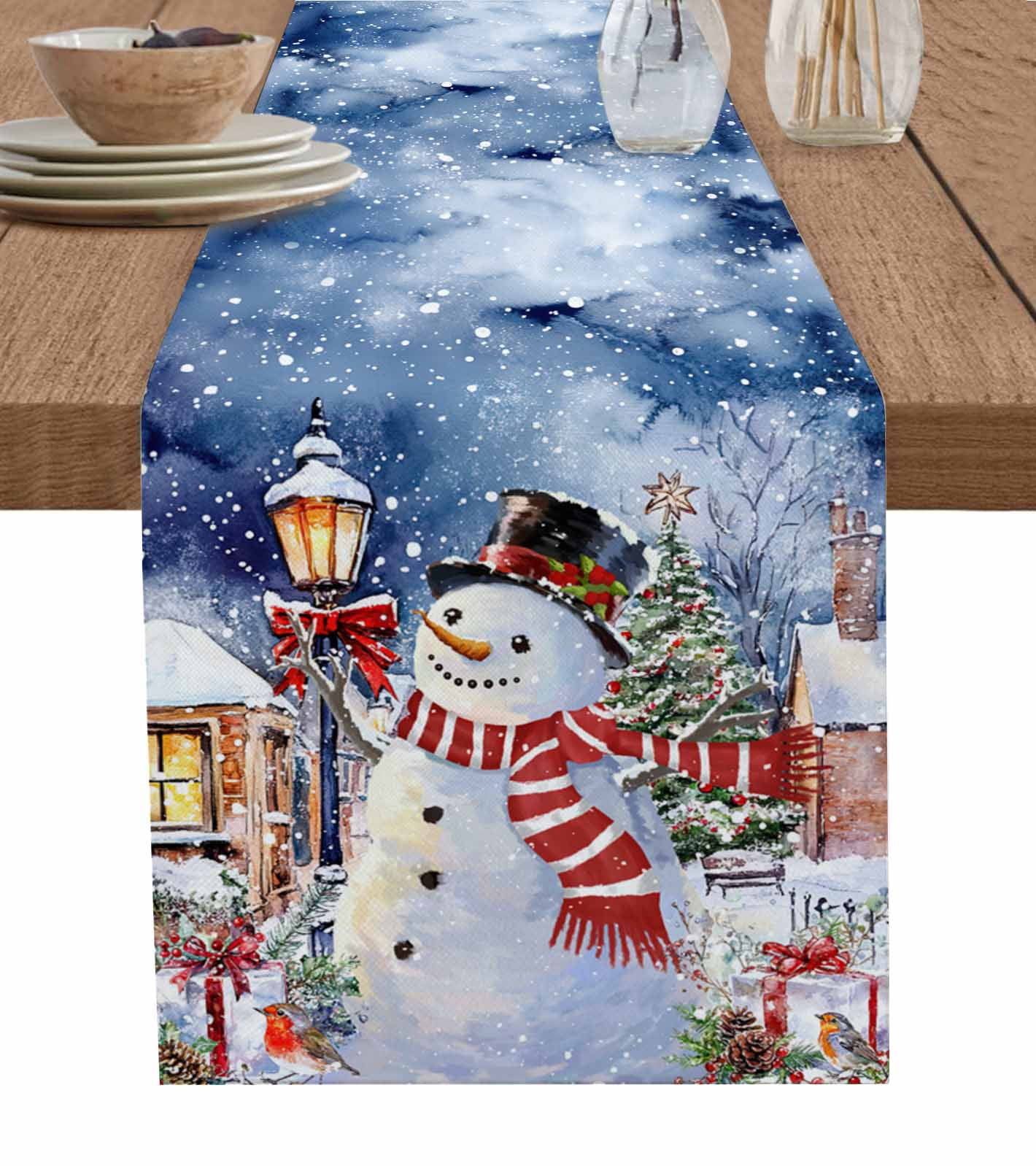 Blue Snowman Christmas Table Runner Farmhouse Xmas Snowflake ...