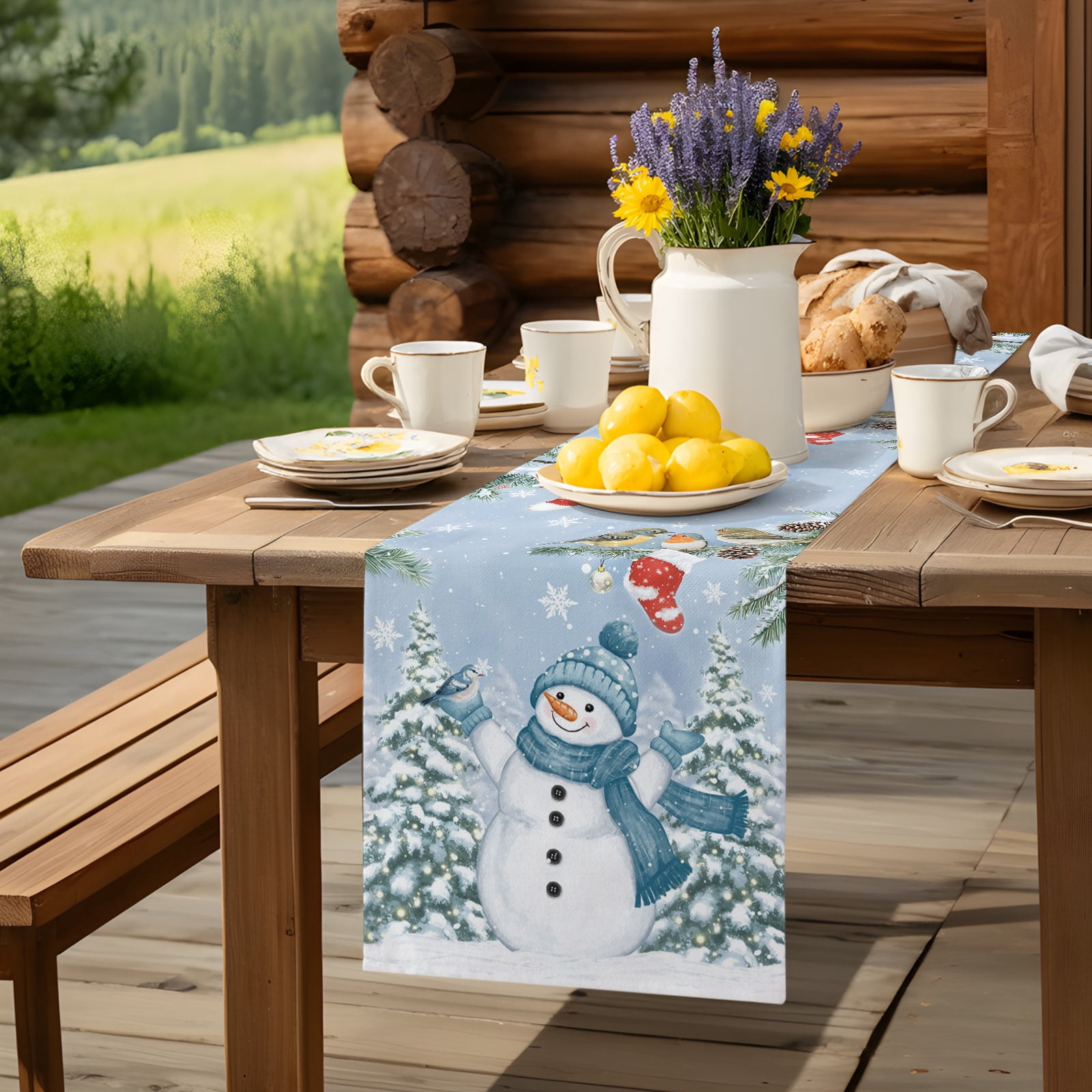 Blue Snowman Christmas Tree Bird Table Runner 13x72in Non-Slip Cotton ...