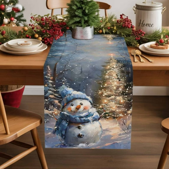 Blue Snowman Christmas Tree Table Runner 13x70in Non-Slip Cotton Linen ...