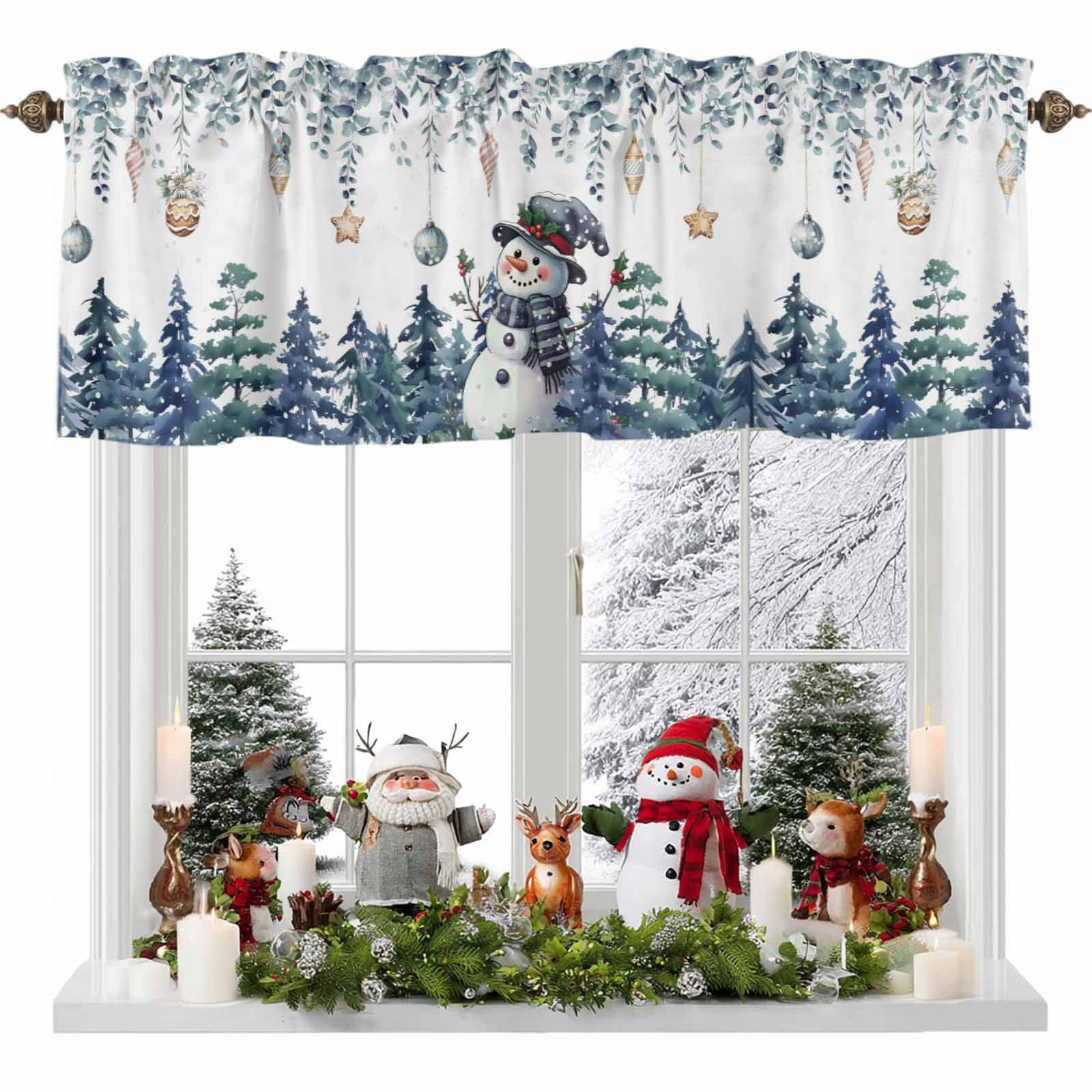 Blue Snowman Christmas Valances for Windows, Eucalyptus Xmas Tree Balls ...